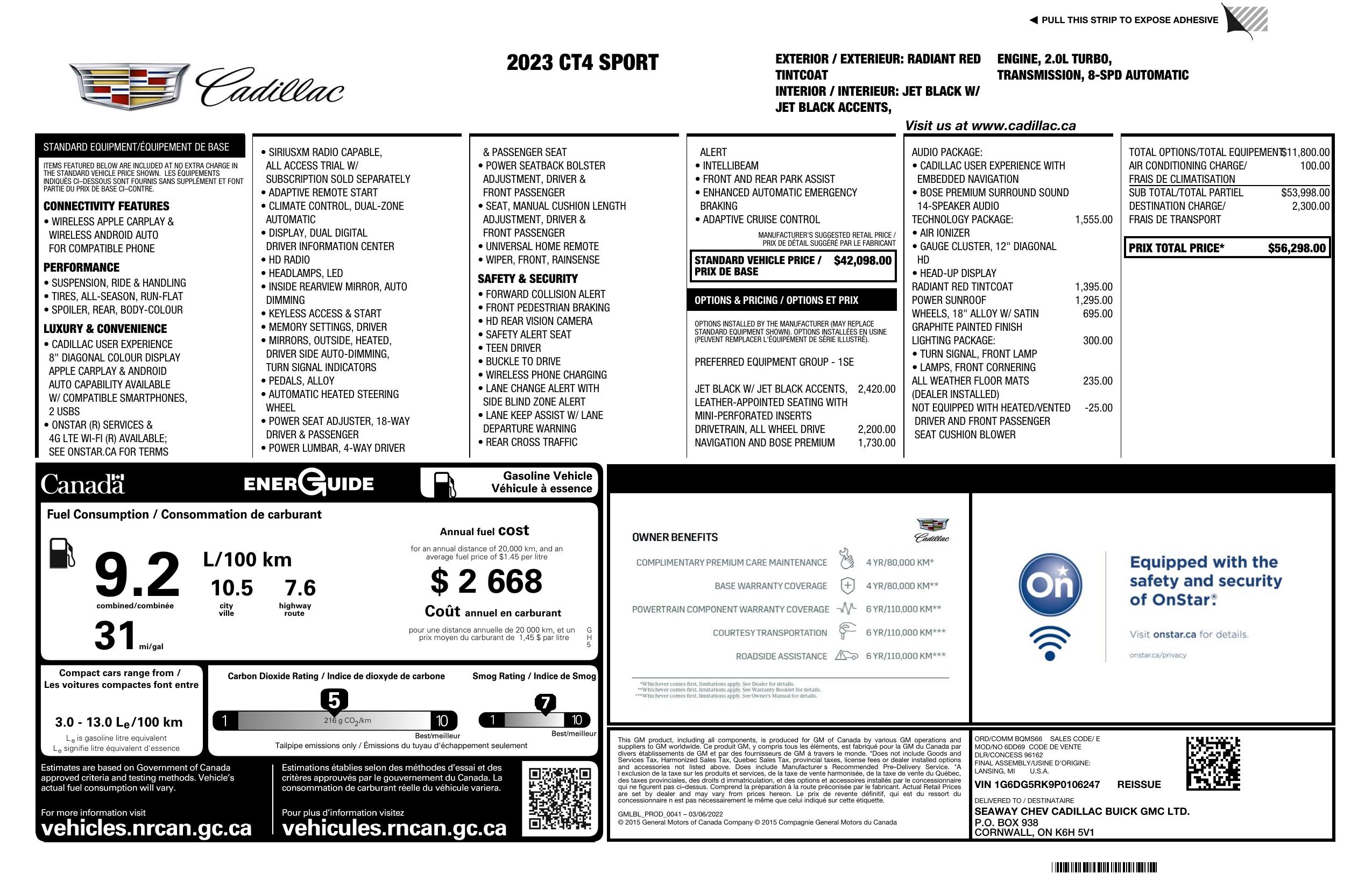 Window Sticker for 2023 Cadillac Ct4 4dr Sdn Sport
