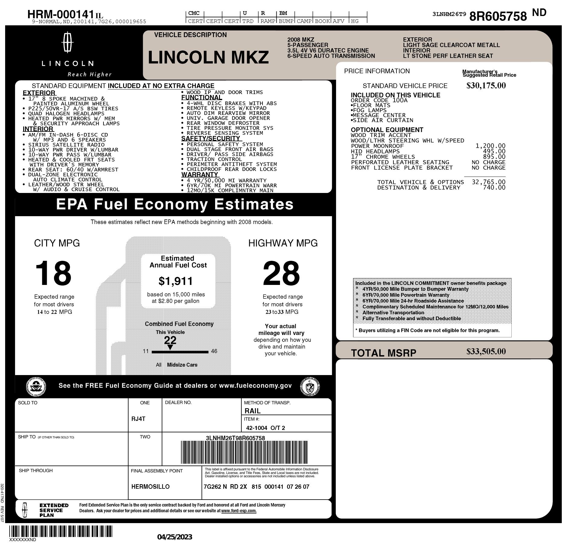 Window Sticker for 2008 Lincoln Mkz 4dr Sdn Fwd