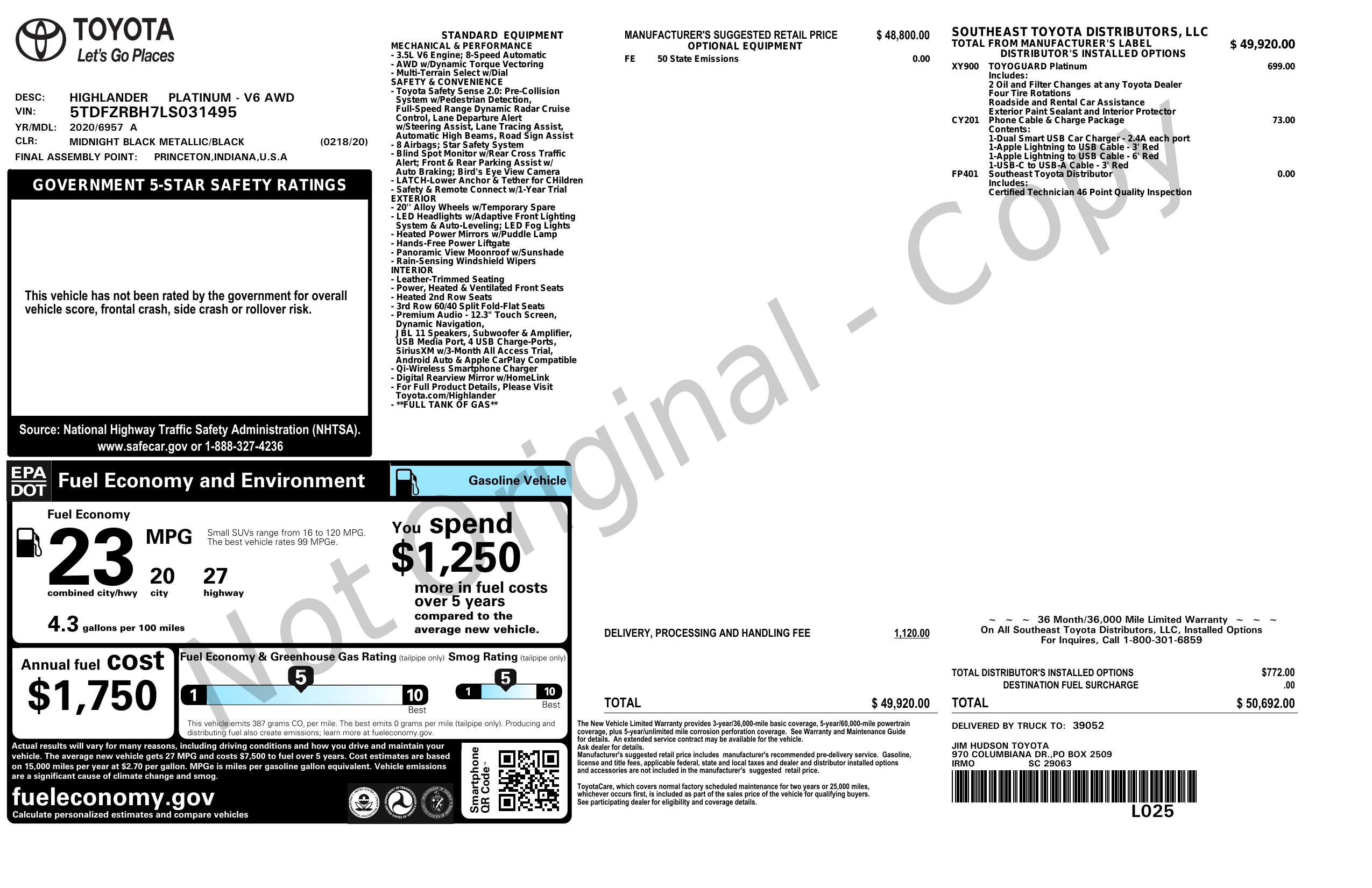 Window Sticker for 2020 Toyota Highlander Platinum Awd (Natl)