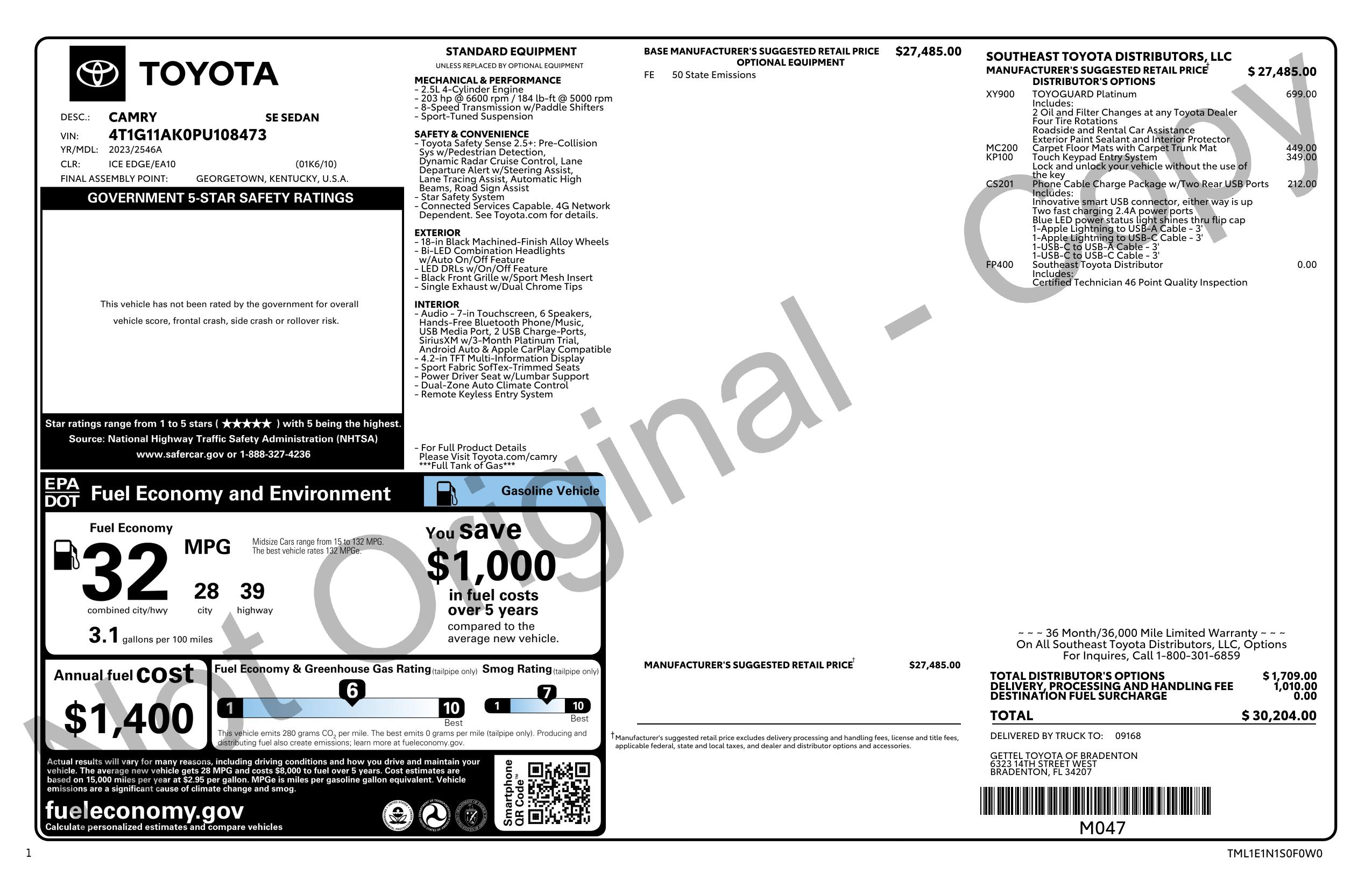 Window Sticker for 2023 Toyota Camry Se (Natl)