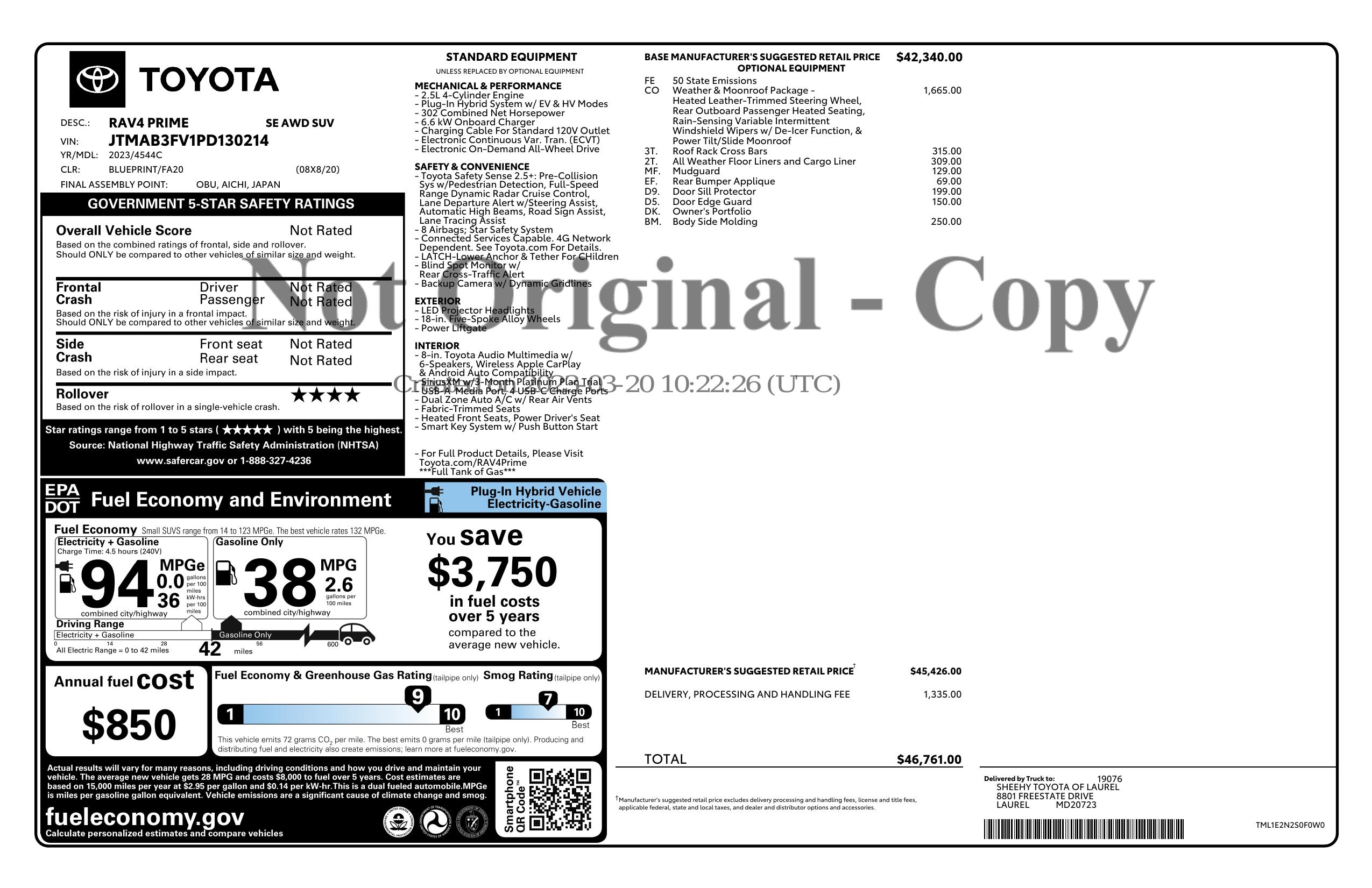 Window Sticker for 2023 Toyota Rav4 Prime Se (Natl)