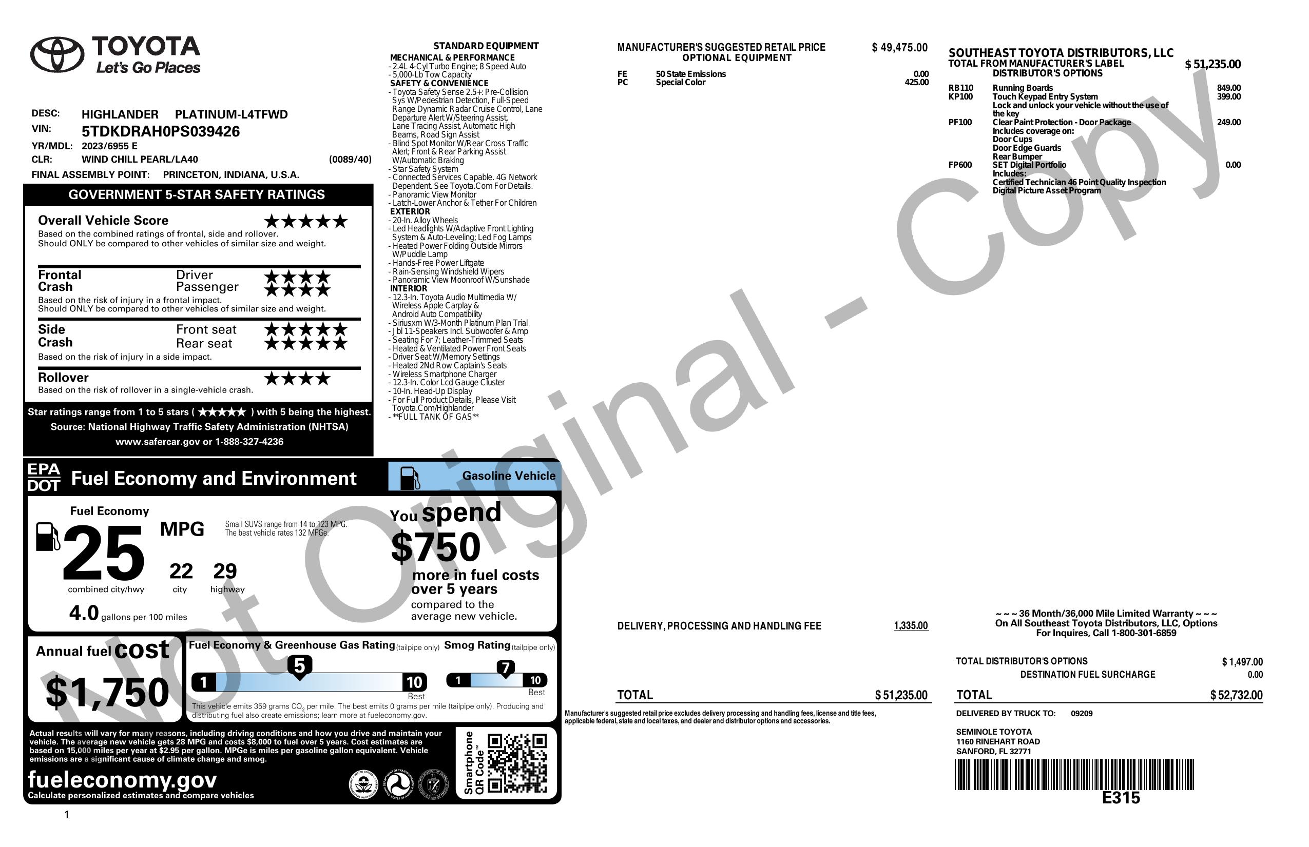 Window Sticker for 2023 Toyota Highlander Fwd (Natl)