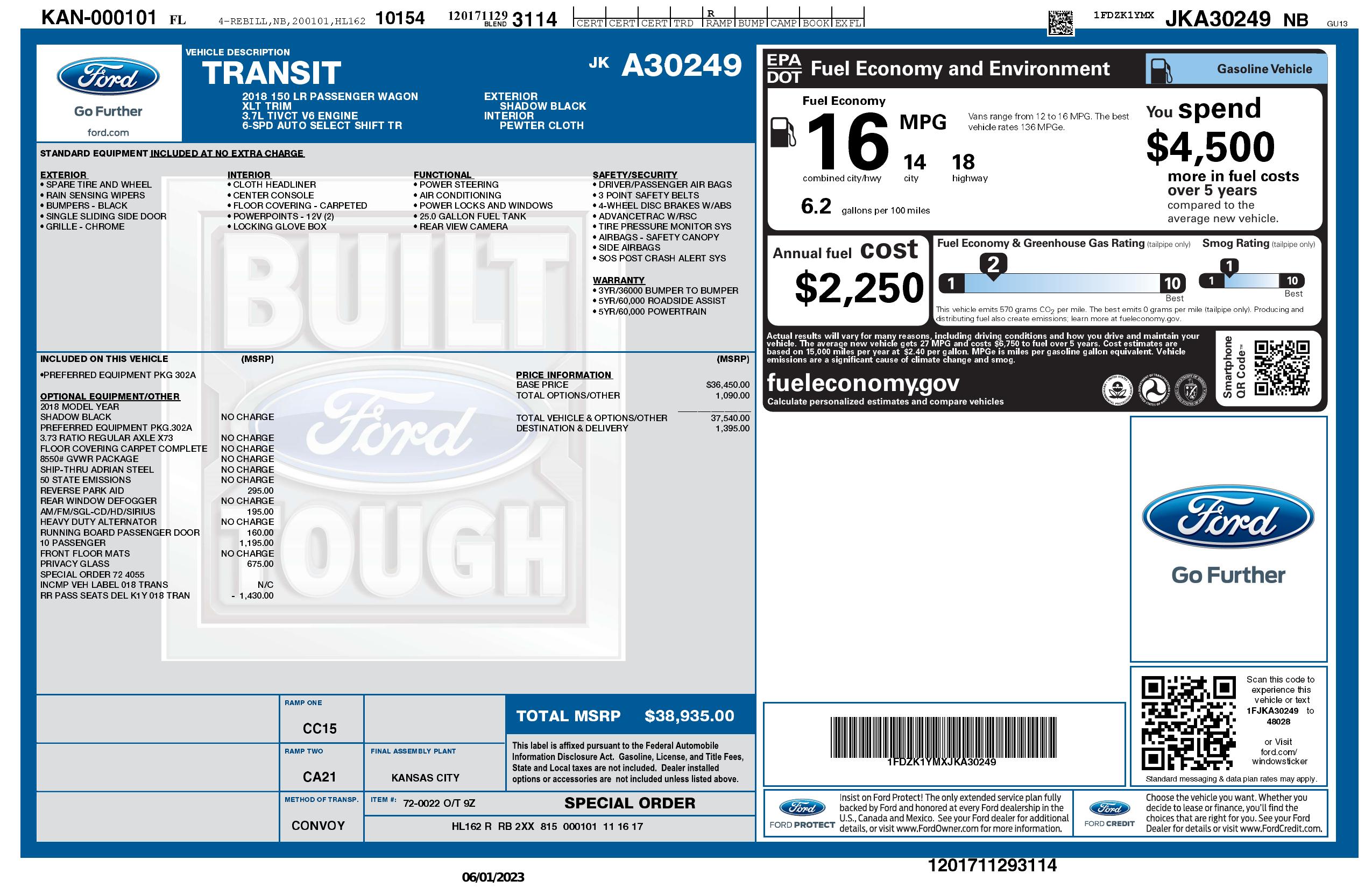 Window Sticker for 2018 Ford Transit Passenger Wagon T 150 130" Low ...