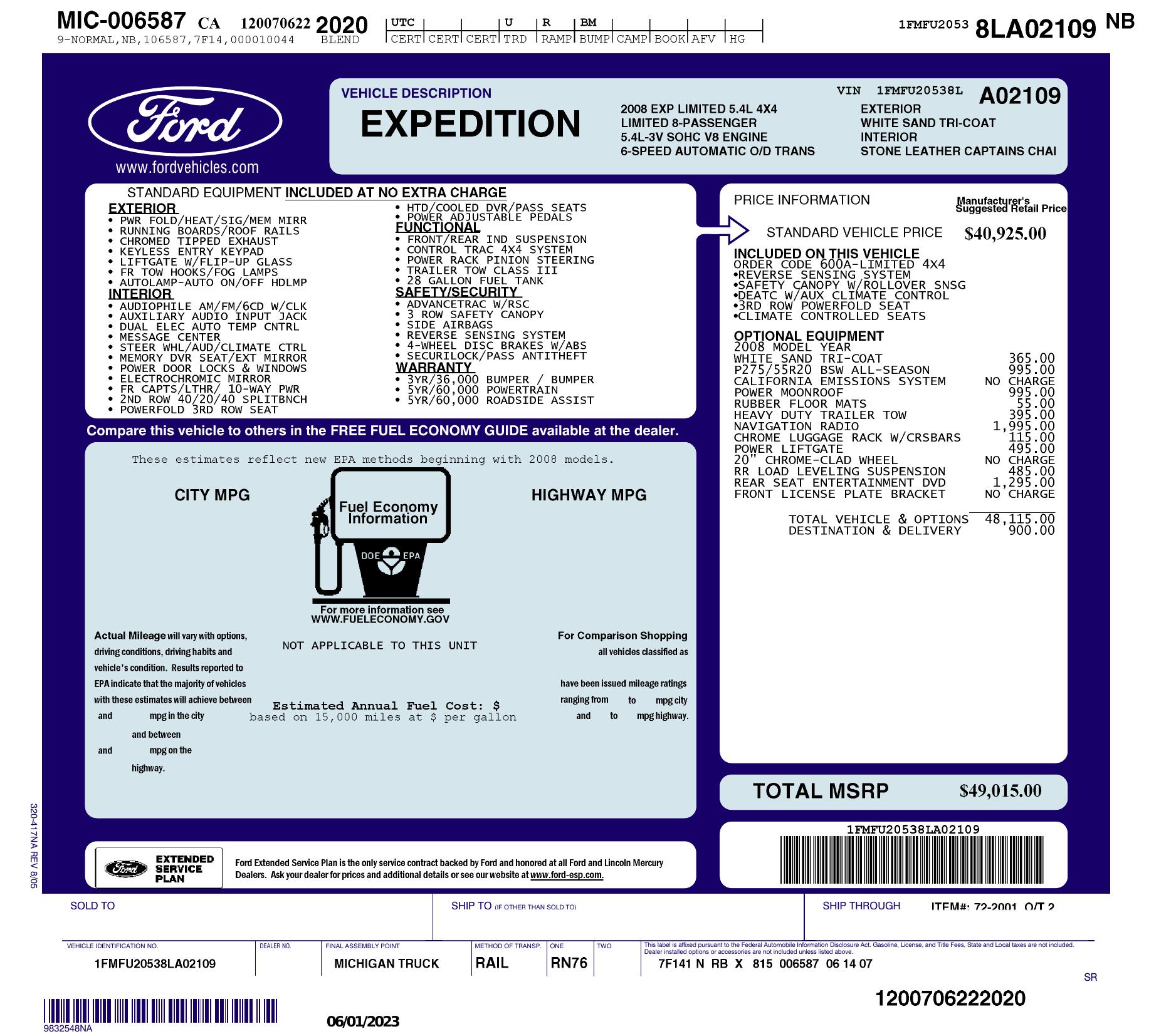 Window Sticker for 2008 Ford Expedition 4 Wd 4dr Limited