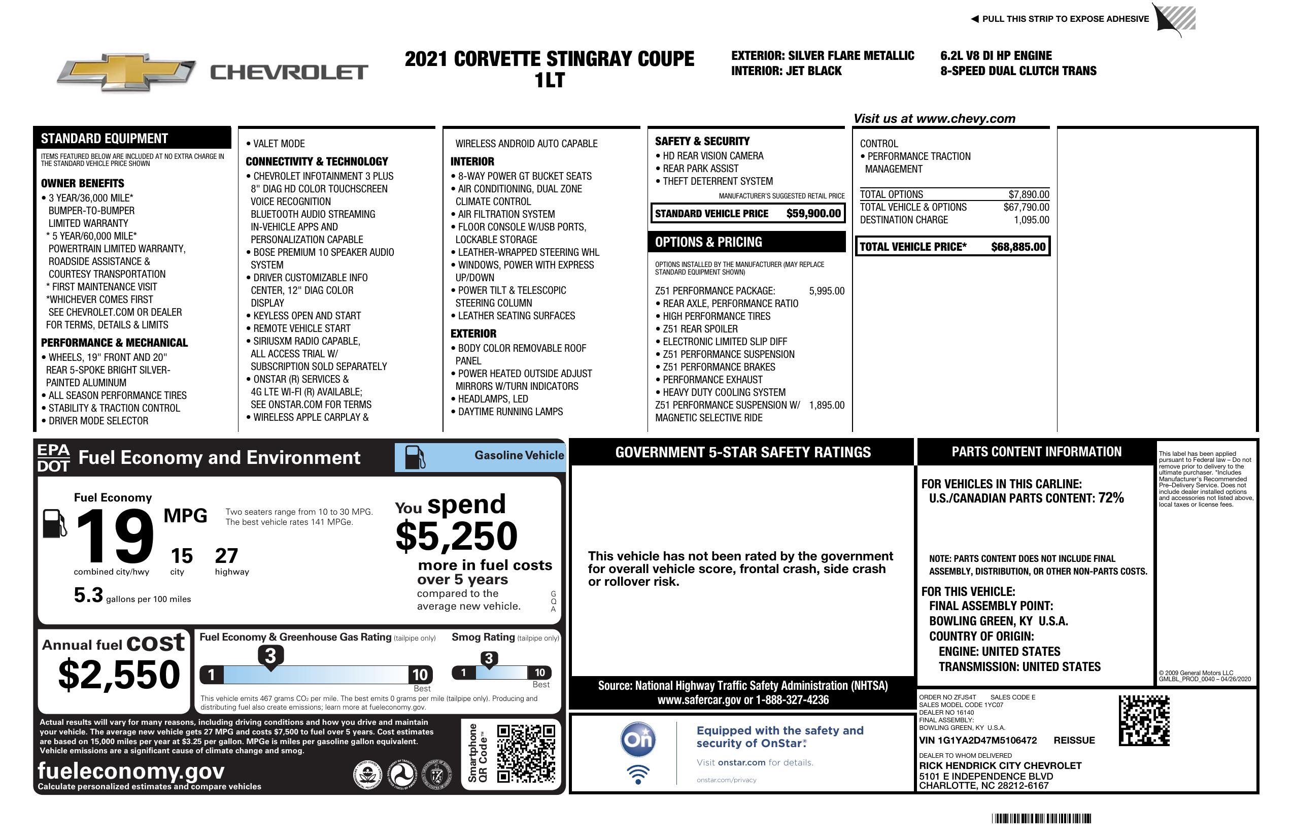 Window Sticker for 2021 Chevrolet Corvette 2dr Stingray Cpe W/1 Lt