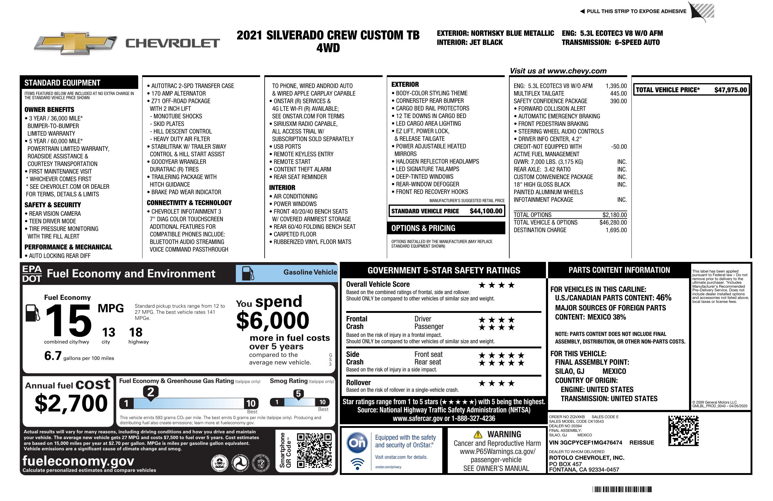 Window Sticker for 2021 Chevrolet Silverado 1500 4 Wd Crew Cab 147 ...