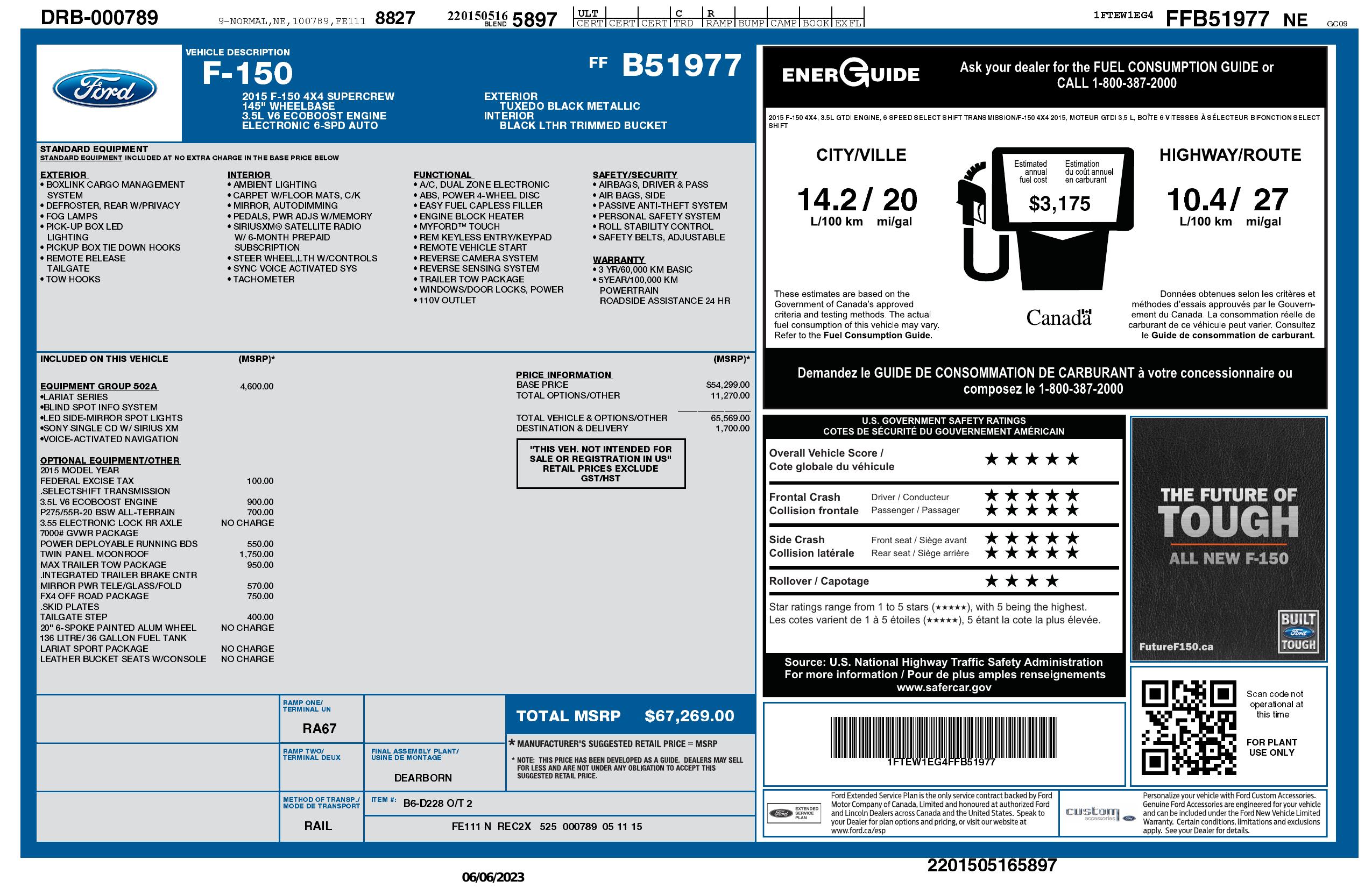 Window Sticker for 2015 Ford F 150 4 Wd Super Crew 145"