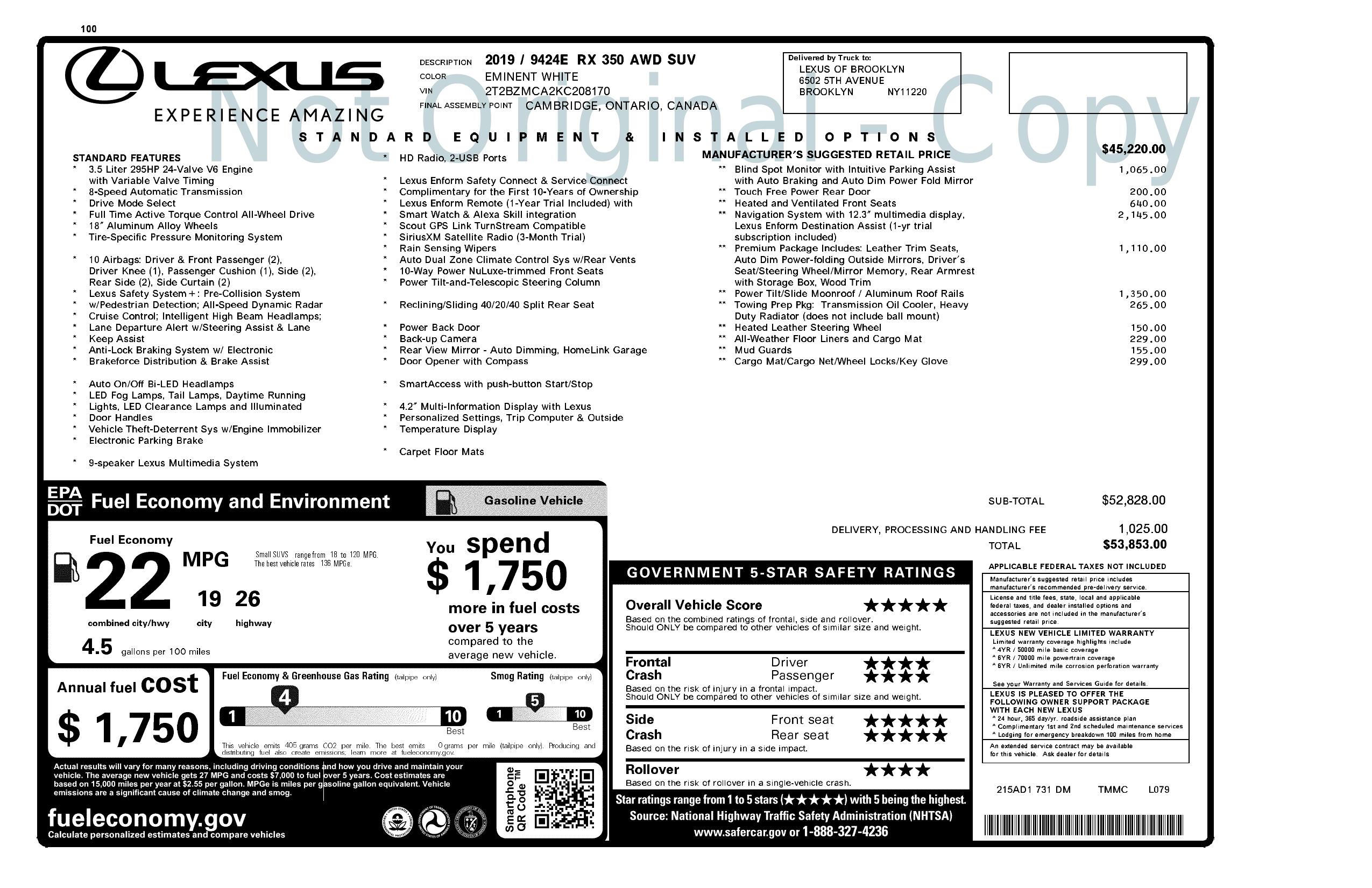 Window Sticker for 2019 Lexus Rx 350 Awd