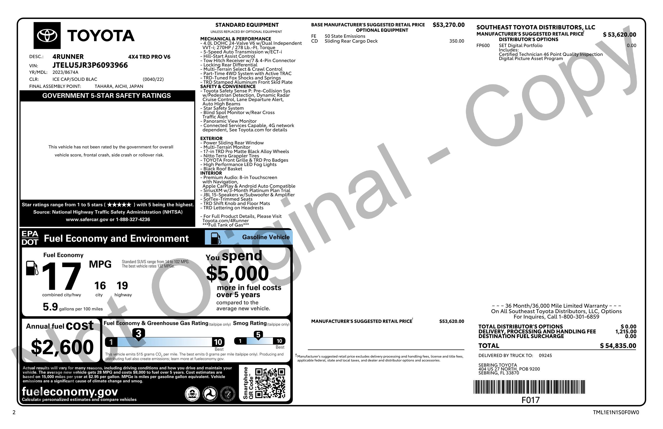 Window Sticker for 2023 Toyota 4 Runner Trd Pro 4 Wd (Natl)