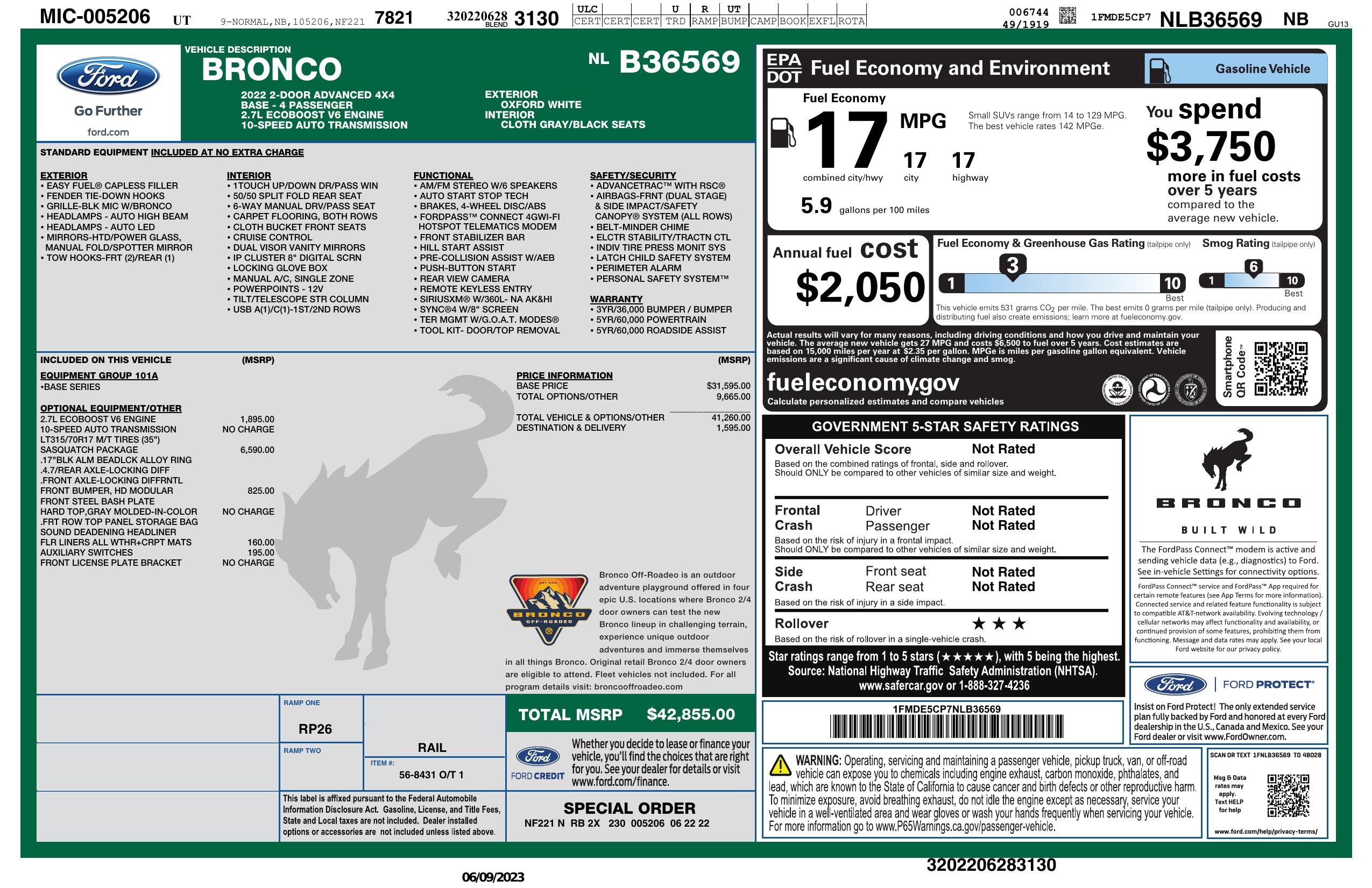 Window Sticker for 2022 Ford Bronco 2 Door Advanced 4x4