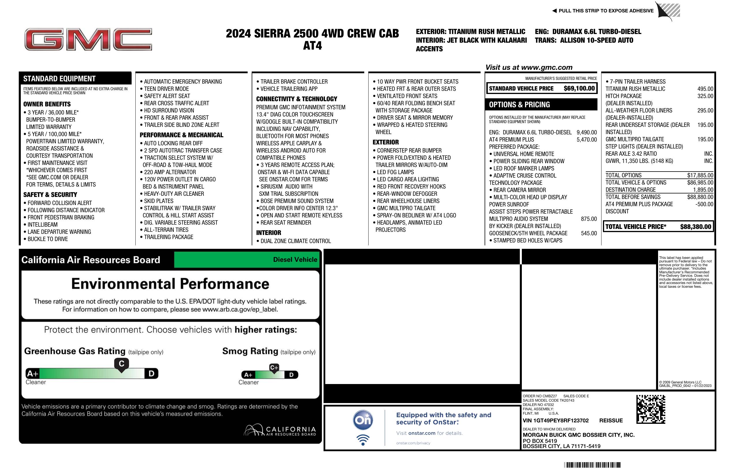 Window Sticker for 2024 GMC Sierra 2500 Hd 4 Wd Crew Cab 159" At4