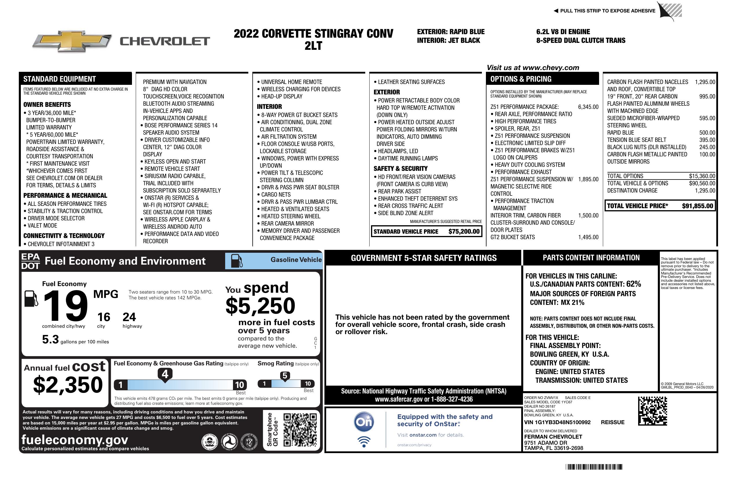Window Sticker for 2022 Chevrolet Corvette 2dr Stingray Conv W/2 Lt