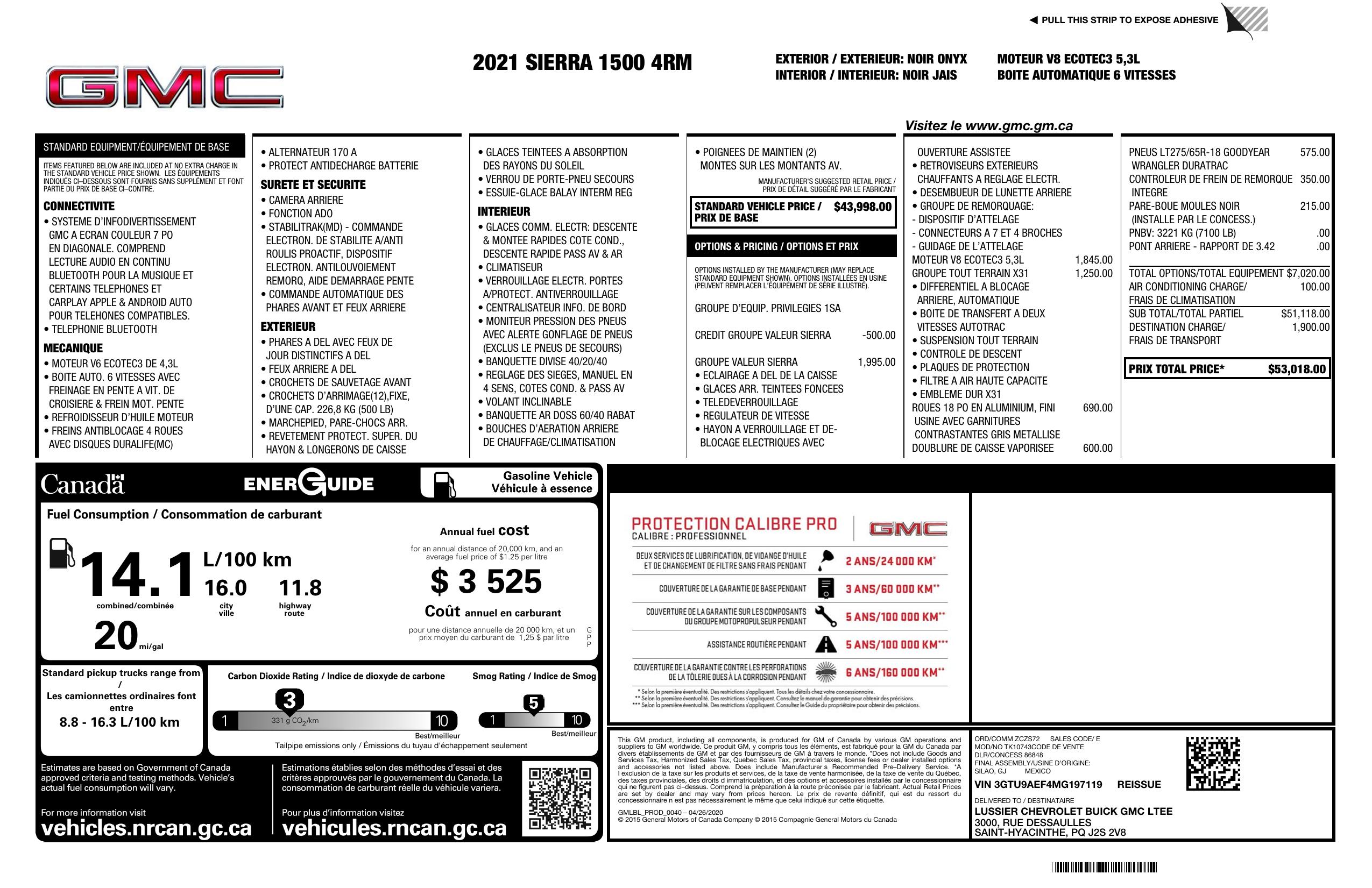 Window Sticker for 2021 GMC Sierra 1500 4 Wd Crew Cab