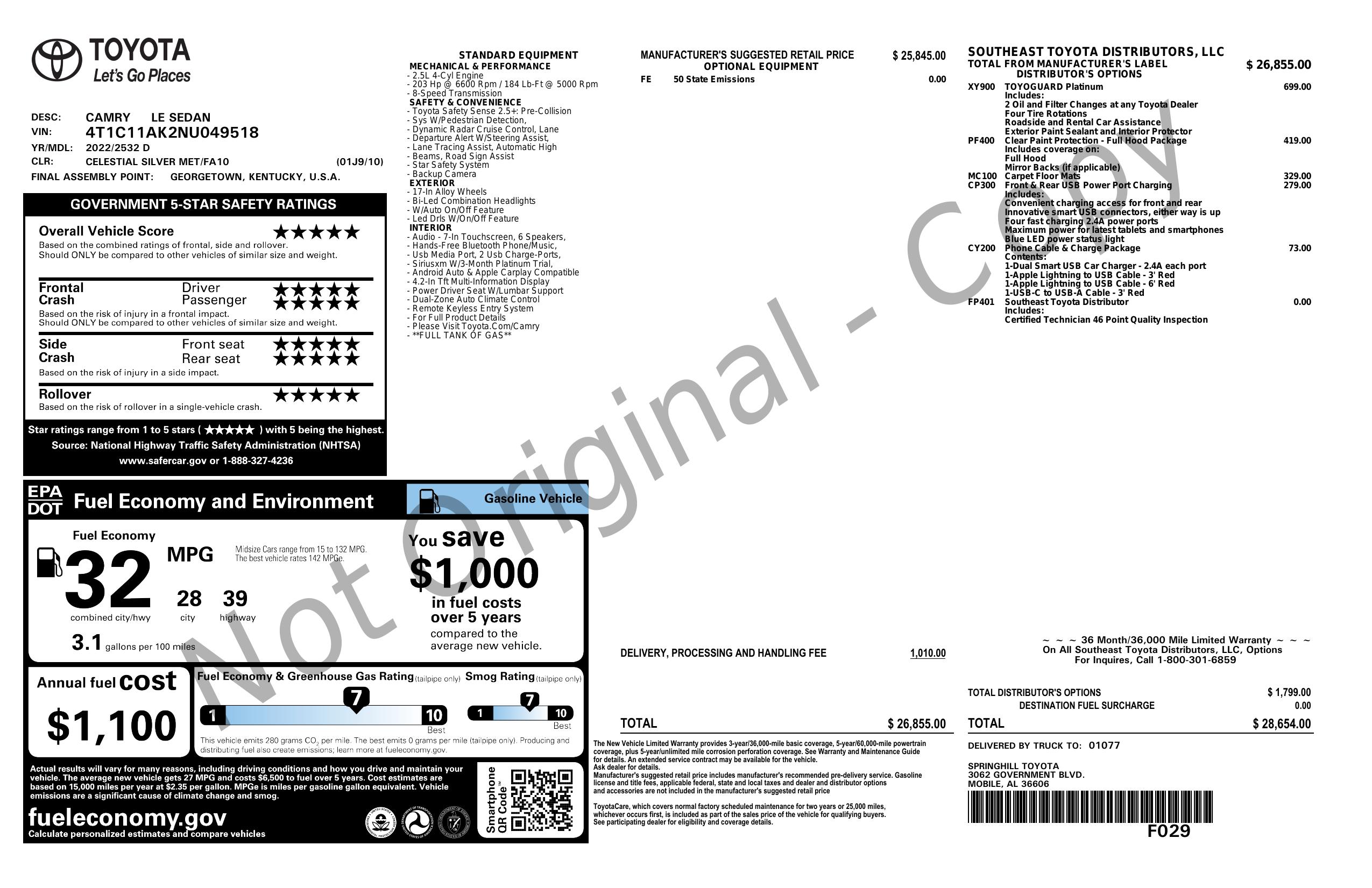 Window Sticker for 2022 Toyota Camry Le Auto (Natl)