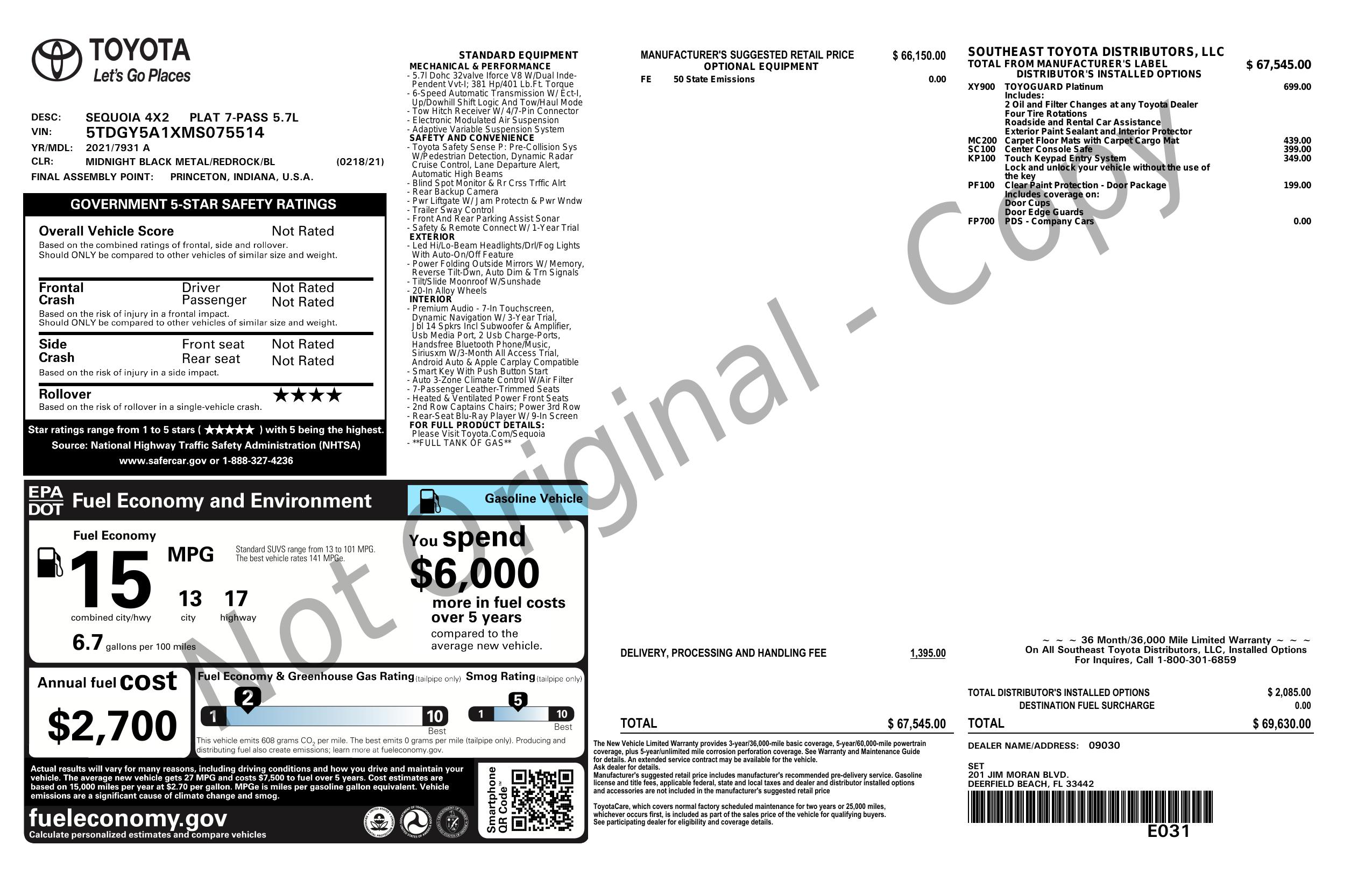 Window Sticker for 2021 Toyota Sequoia Platinum Rwd (Natl)
