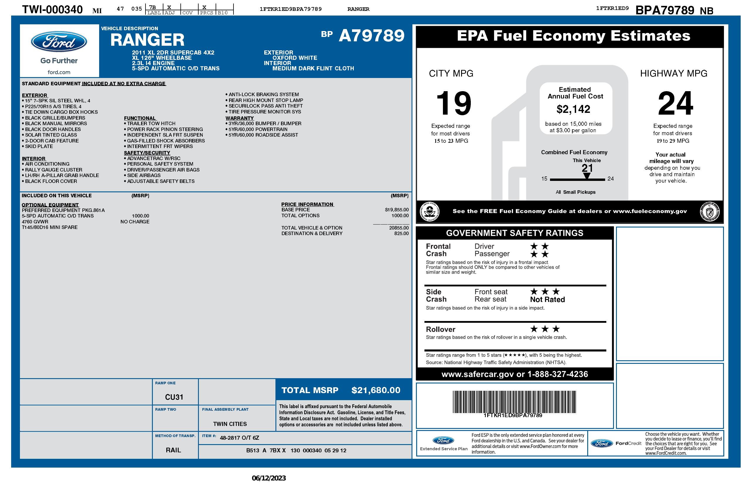 Window Sticker for 2011 Ford Ranger 2 Wd 2dr Super Cab 126"