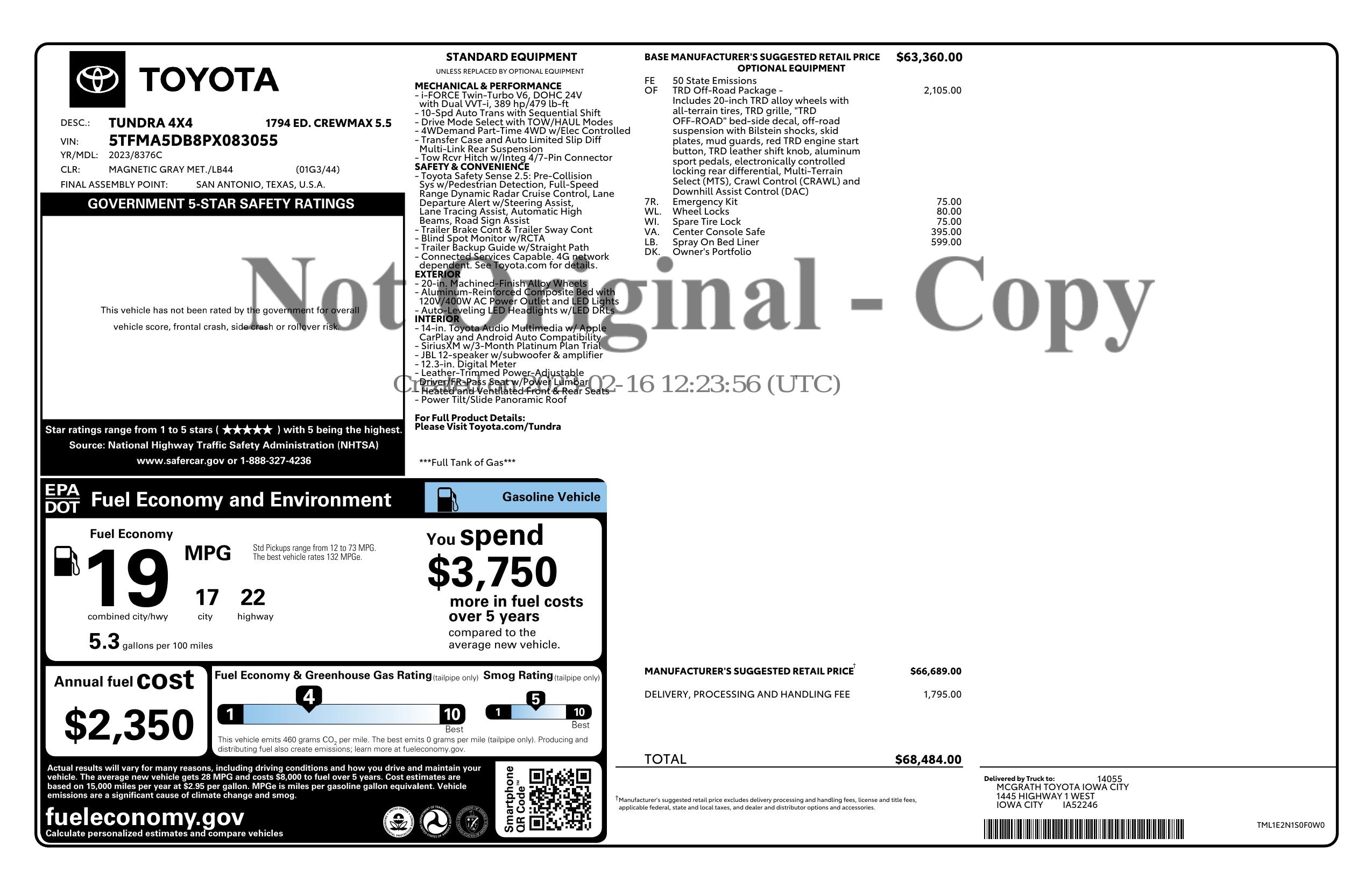 Window Sticker for 2023 Toyota Tundra 4 Wd 1794 Edition Crew Max 5.5 ...