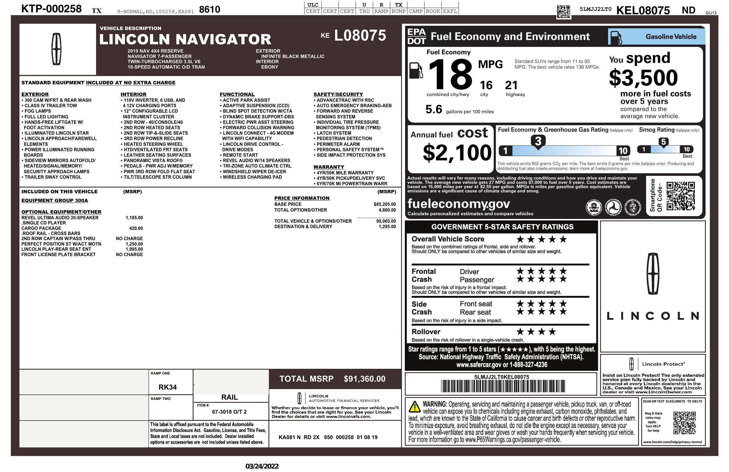 Window Sticker for 2019 Lincoln Navigator Reserve 4x4