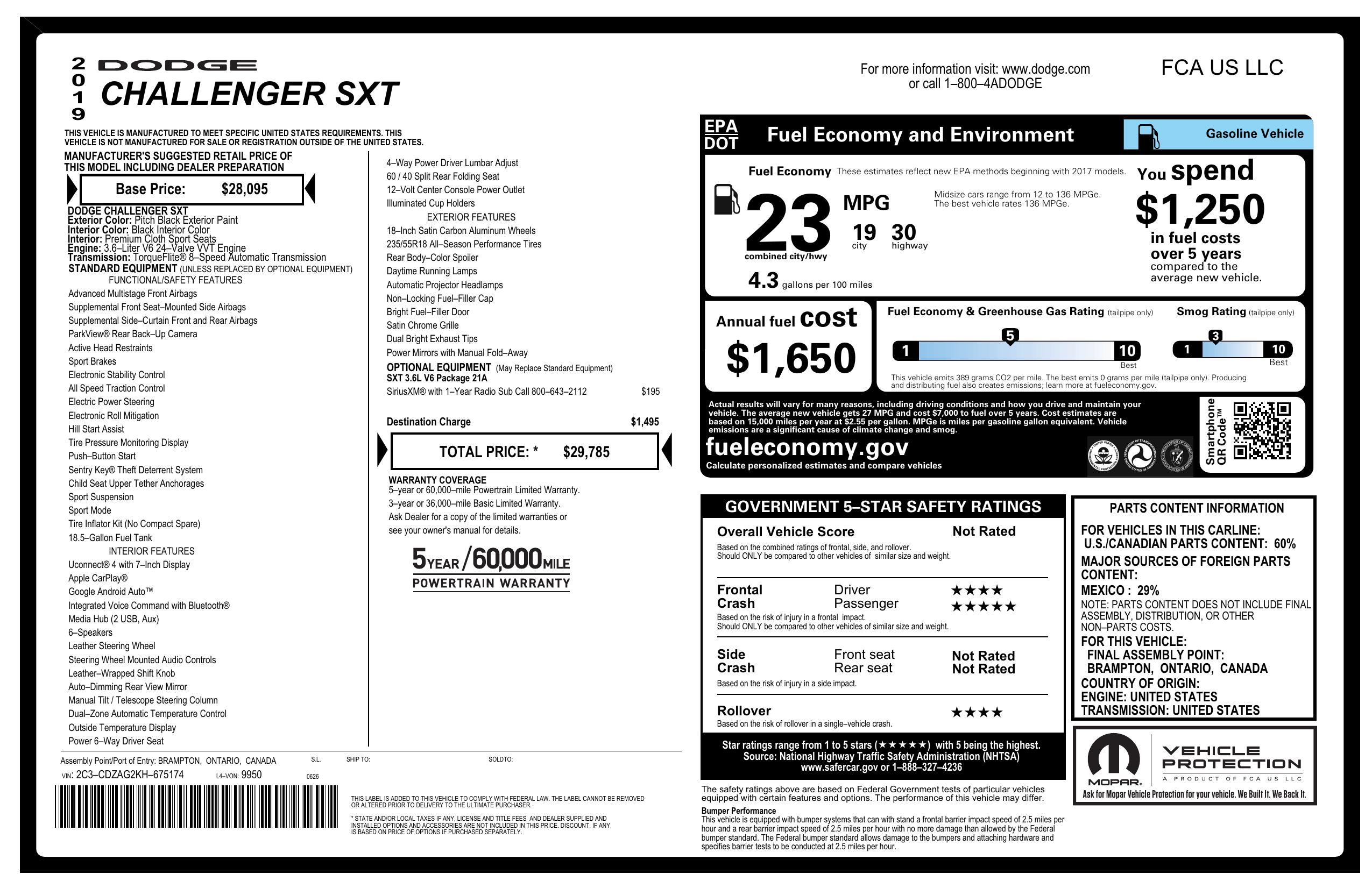 Window Sticker for 2019 Dodge Challenger Sxt Rwd