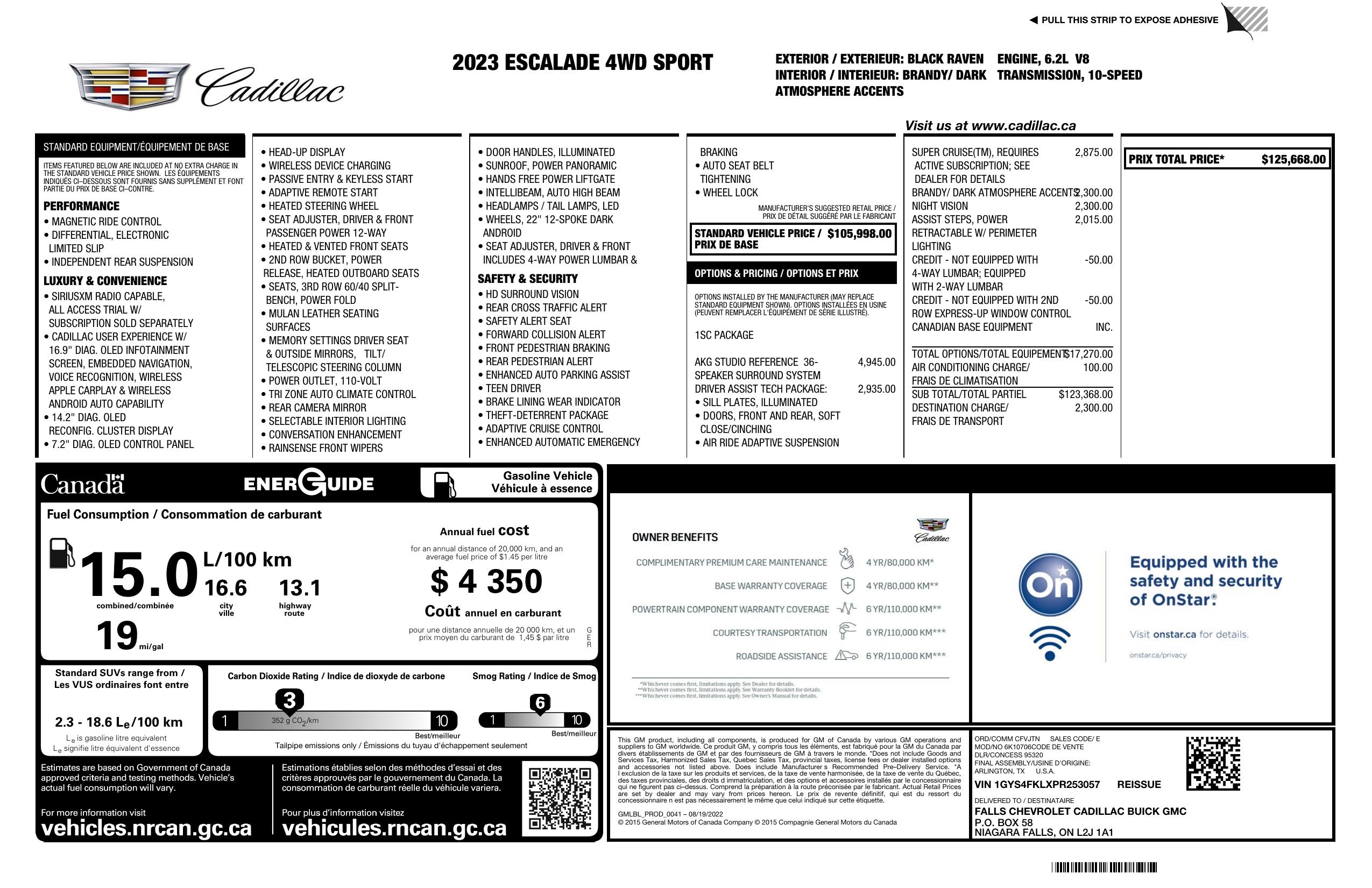 Window Sticker for 2023 Cadillac Escalade 4 Wd 4dr Sport