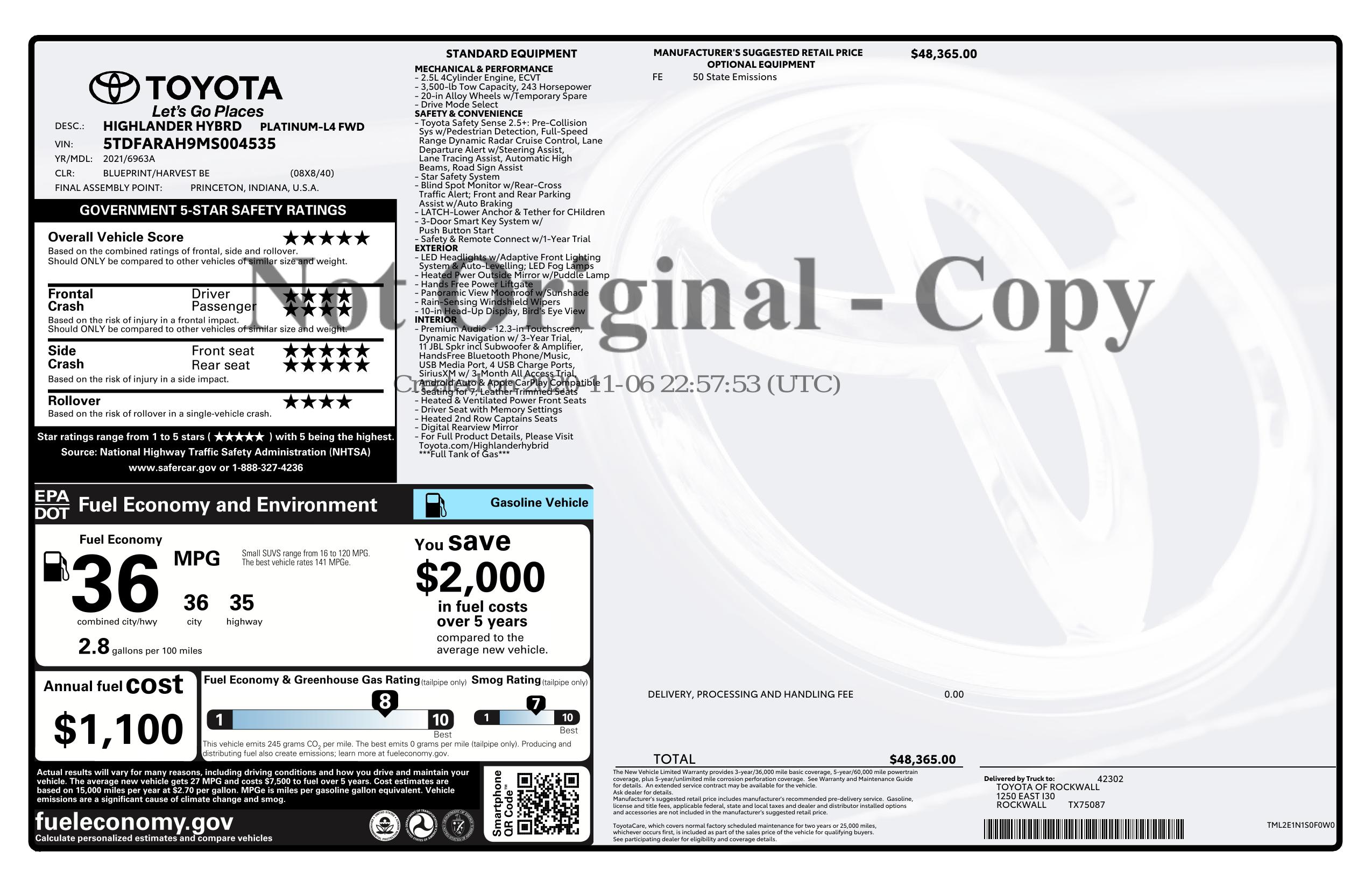 Window Sticker for 2021 Toyota Highlander Hybrid Platinum Fwd (Natl)