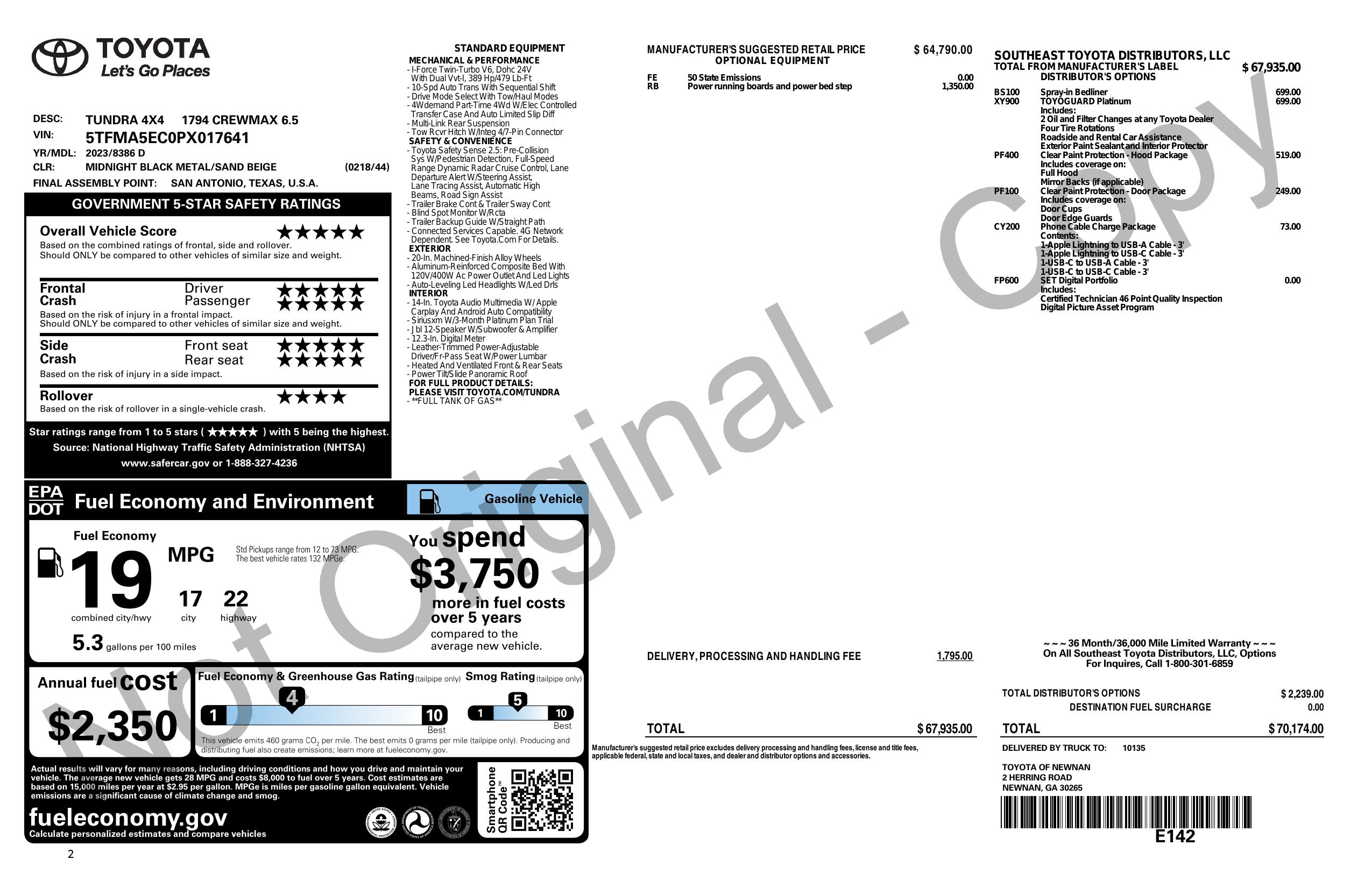 Window Sticker for 2023 Toyota Tundra 4 Wd 1794 Edition Crew Max 6.5 ...