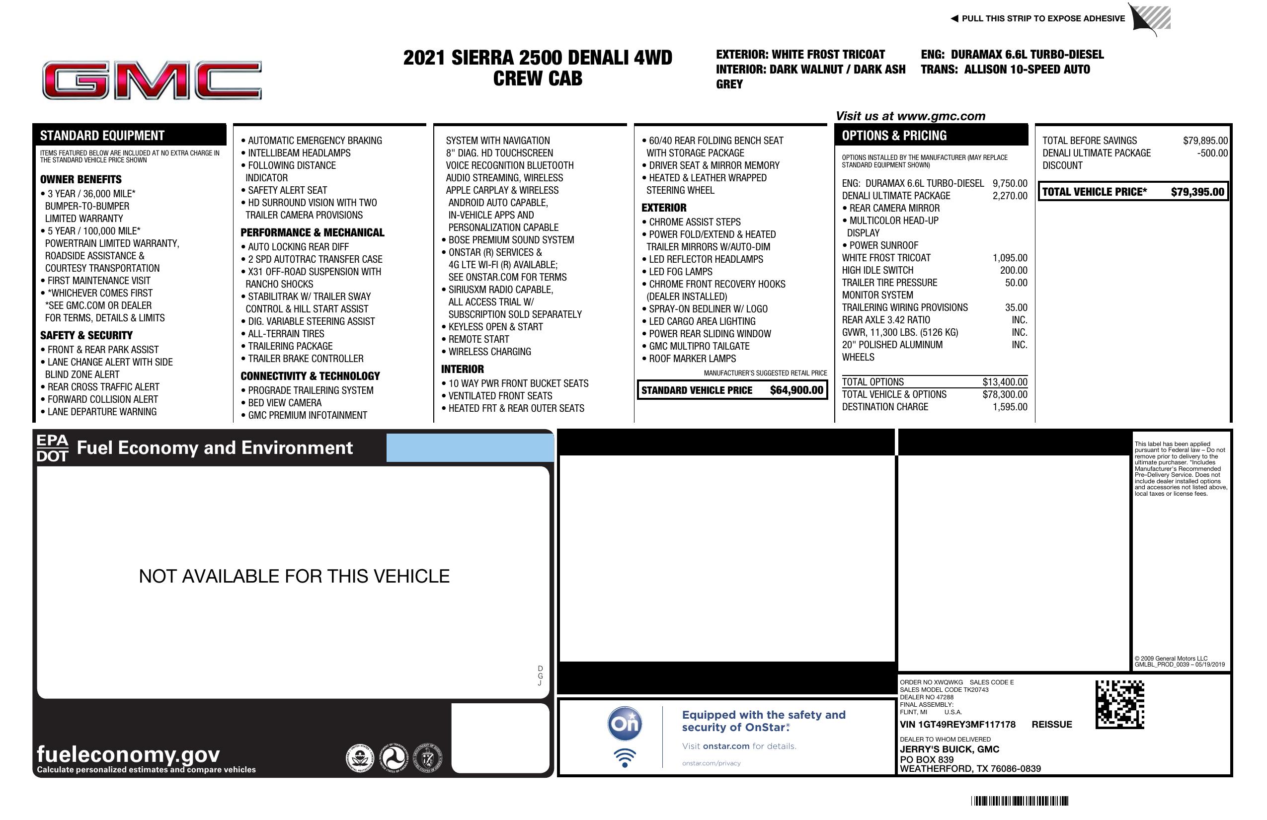 Window Sticker for 2021 GMC Sierra 2500 Hd 4 Wd Crew Cab 159" Denali