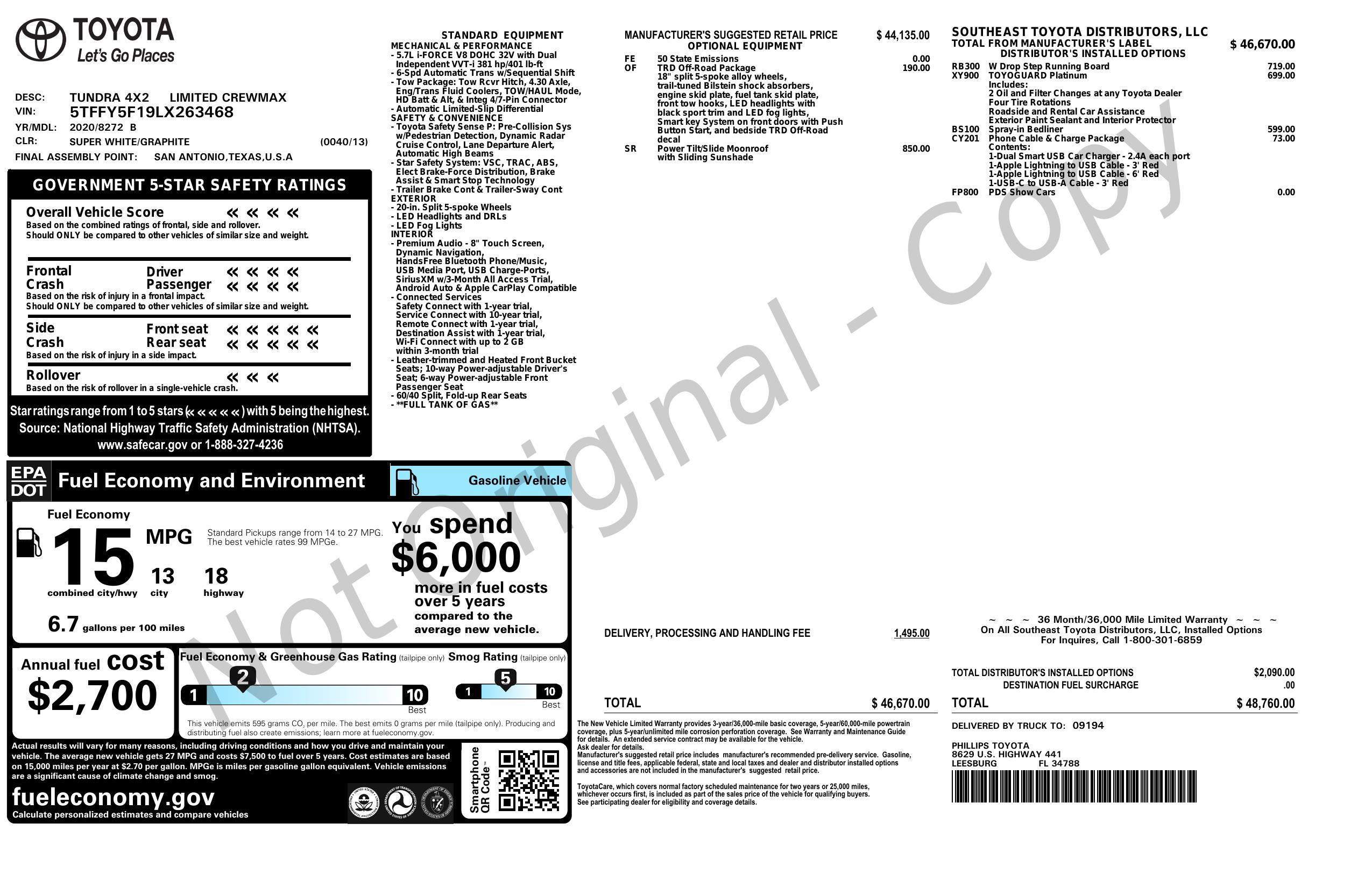 Window Sticker for 2020 Toyota Tundra 2 Wd Limited Crew Max 5.5' Bed 5. ...