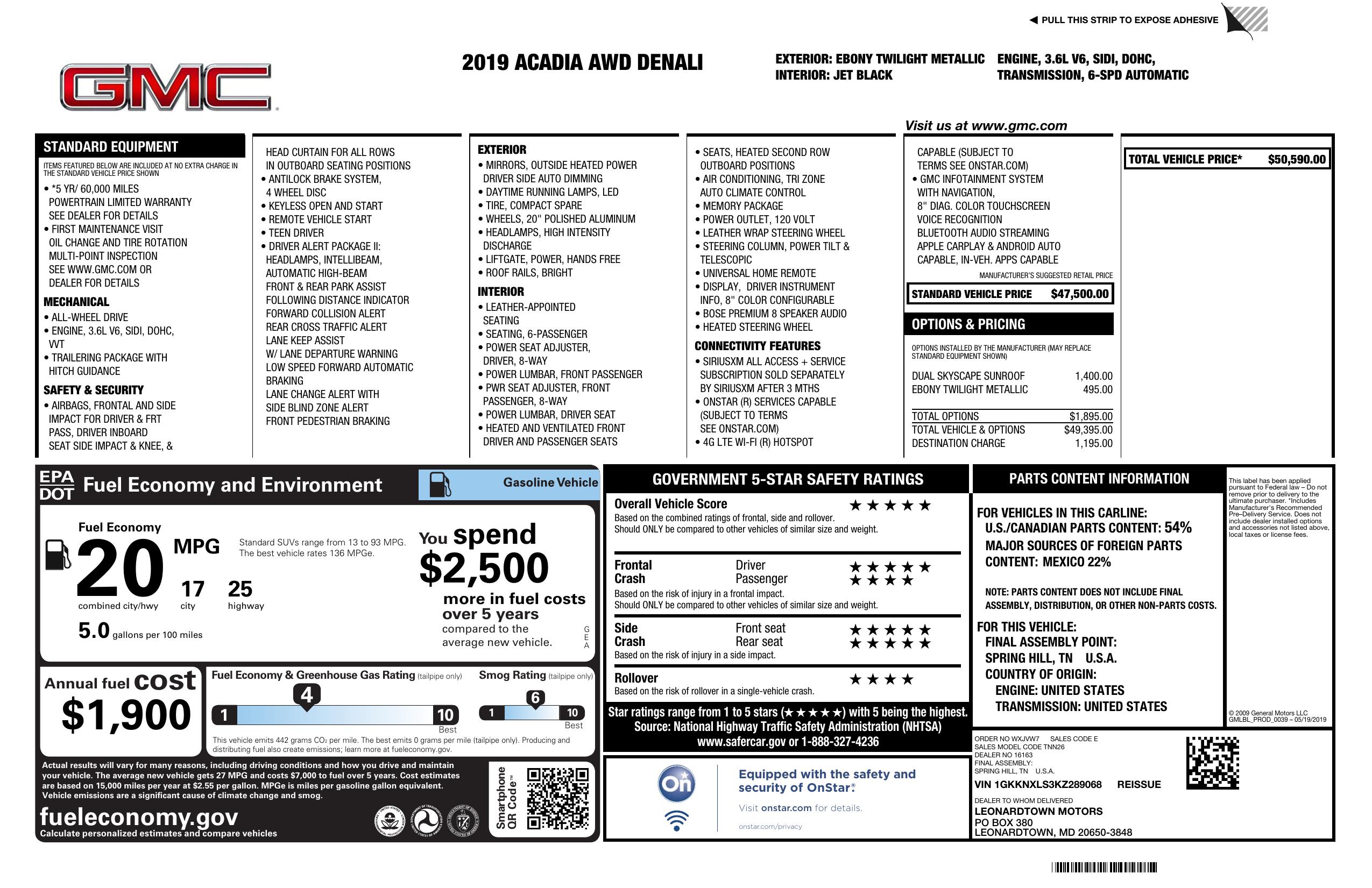 Window Sticker for 2019 GMC Acadia Awd 4dr Denali