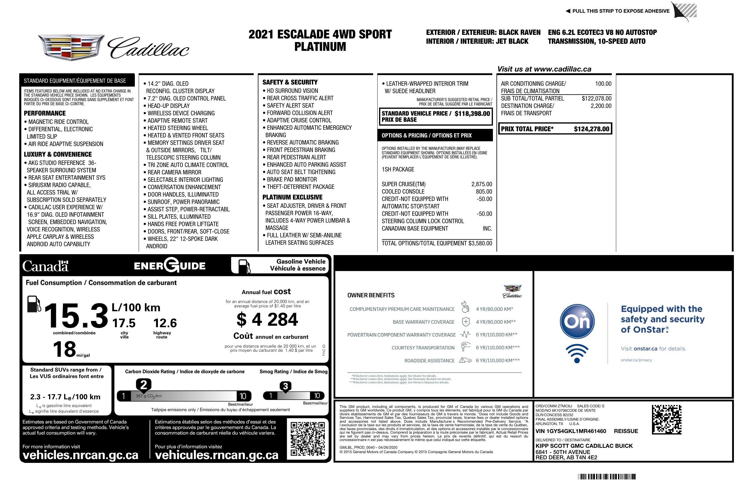 Window Sticker for 2021 Cadillac Escalade 4 Wd 4dr Sport Platinum