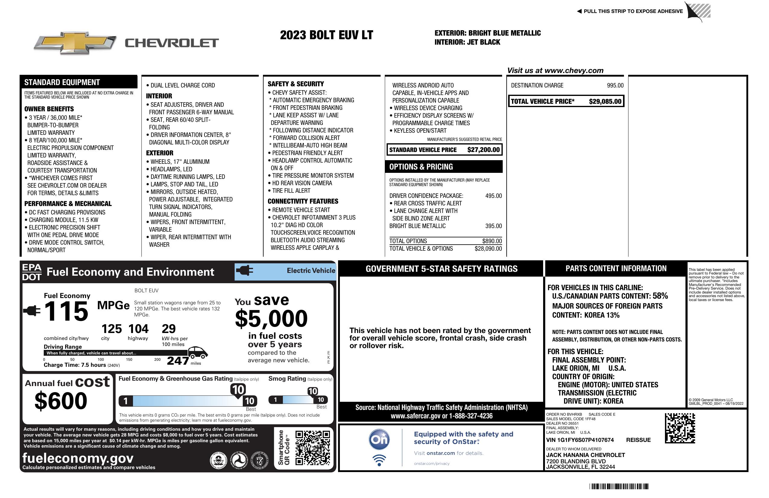 Window Sticker for 2023 Chevrolet Bolt Euv Fwd 4dr Lt