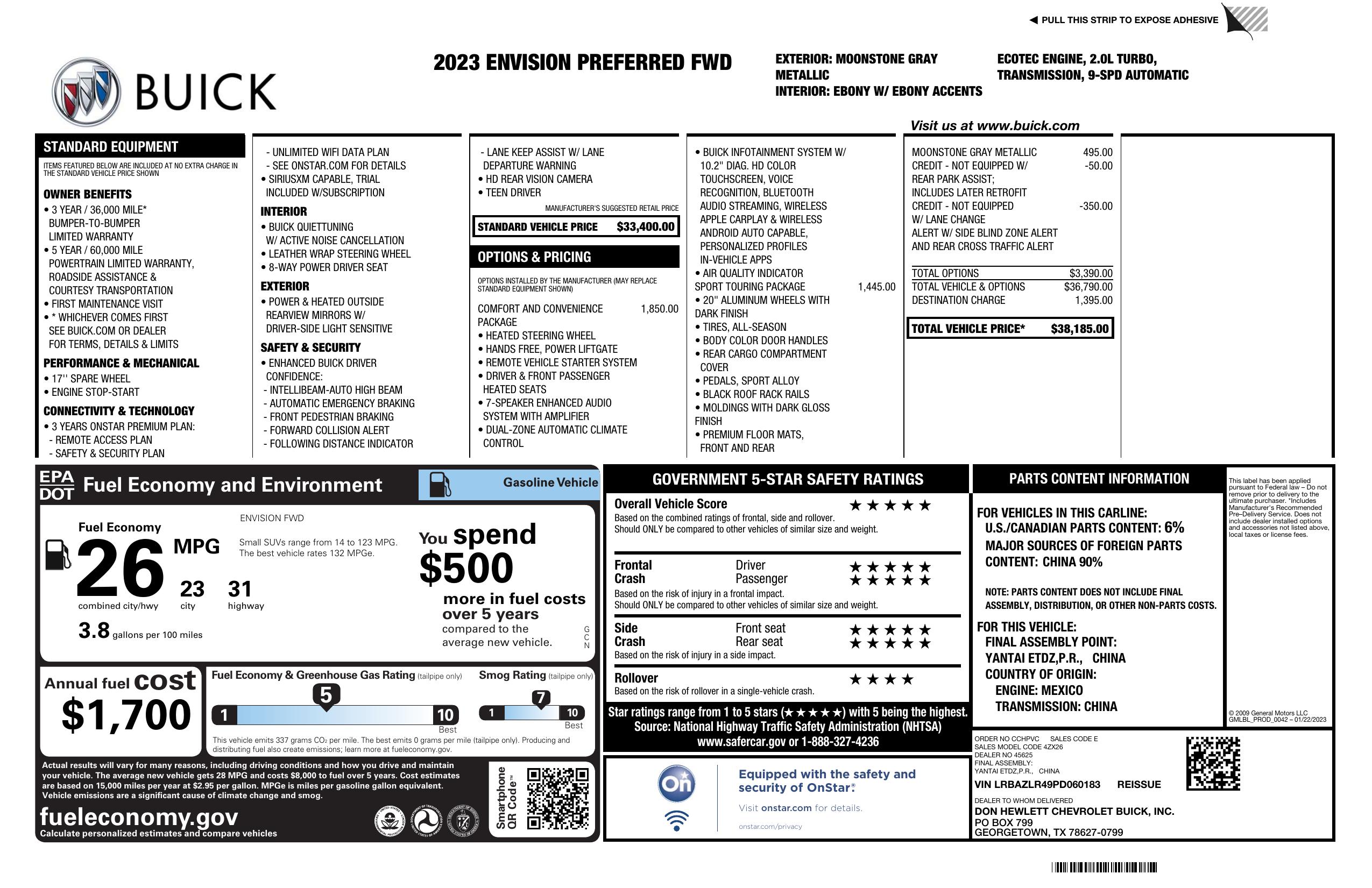 Window Sticker for 2023 Buick Envision Fwd 4dr Preferred
