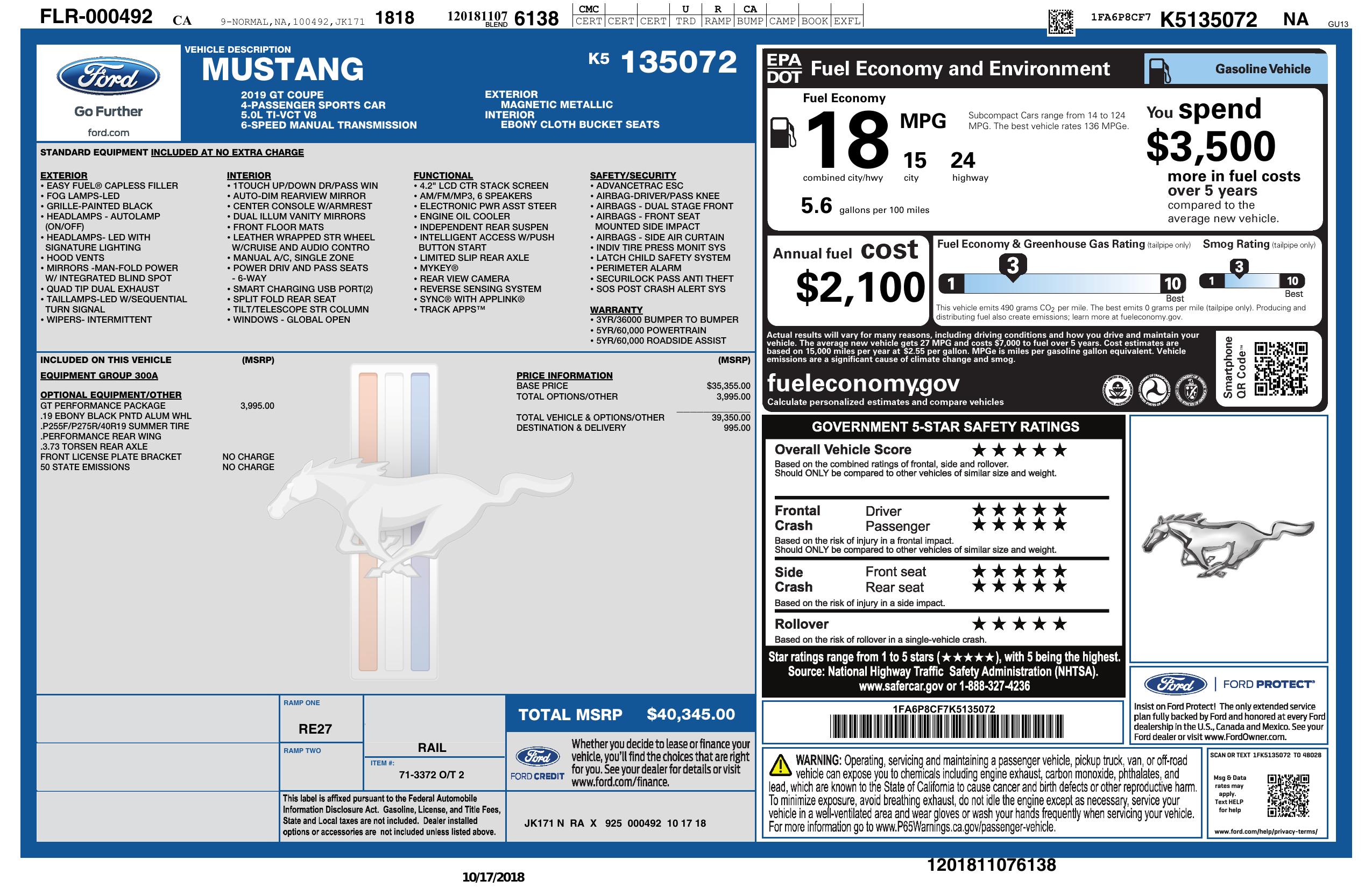 Window Sticker for 2019 Ford Mustang Gt Fastback