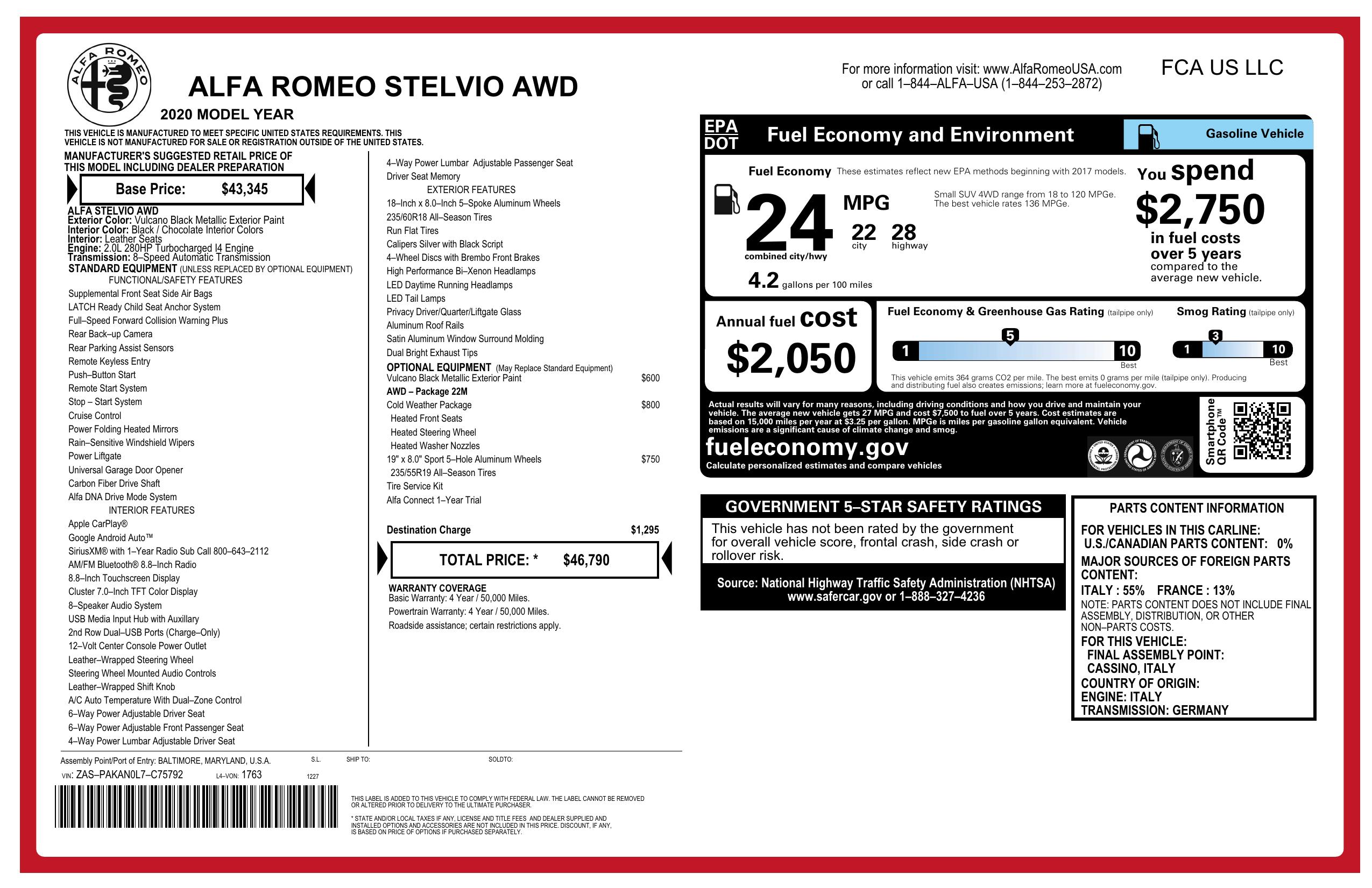 Window Sticker for 2020 Alfa Romeo Stelvio Awd