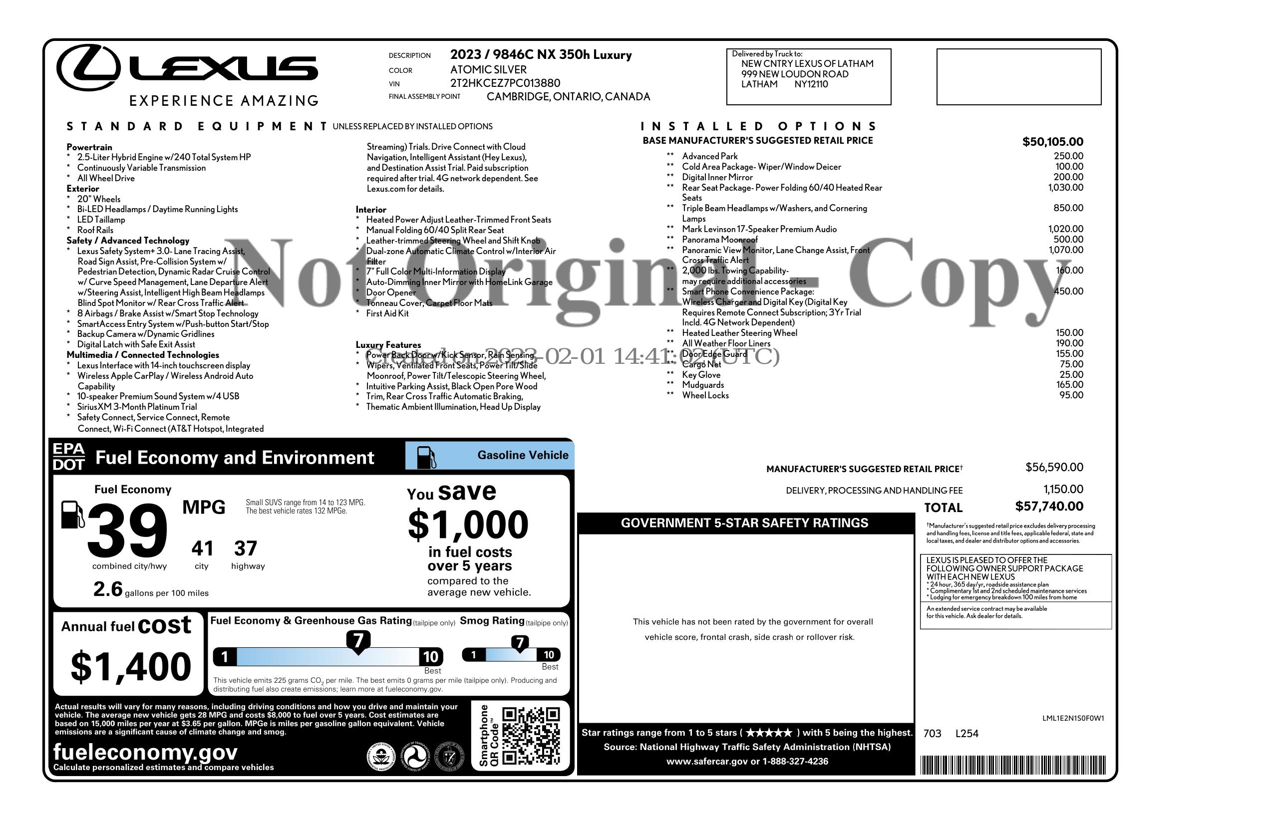 Window Sticker for 2023 Lexus Nx Nx 350h Luxury Awd