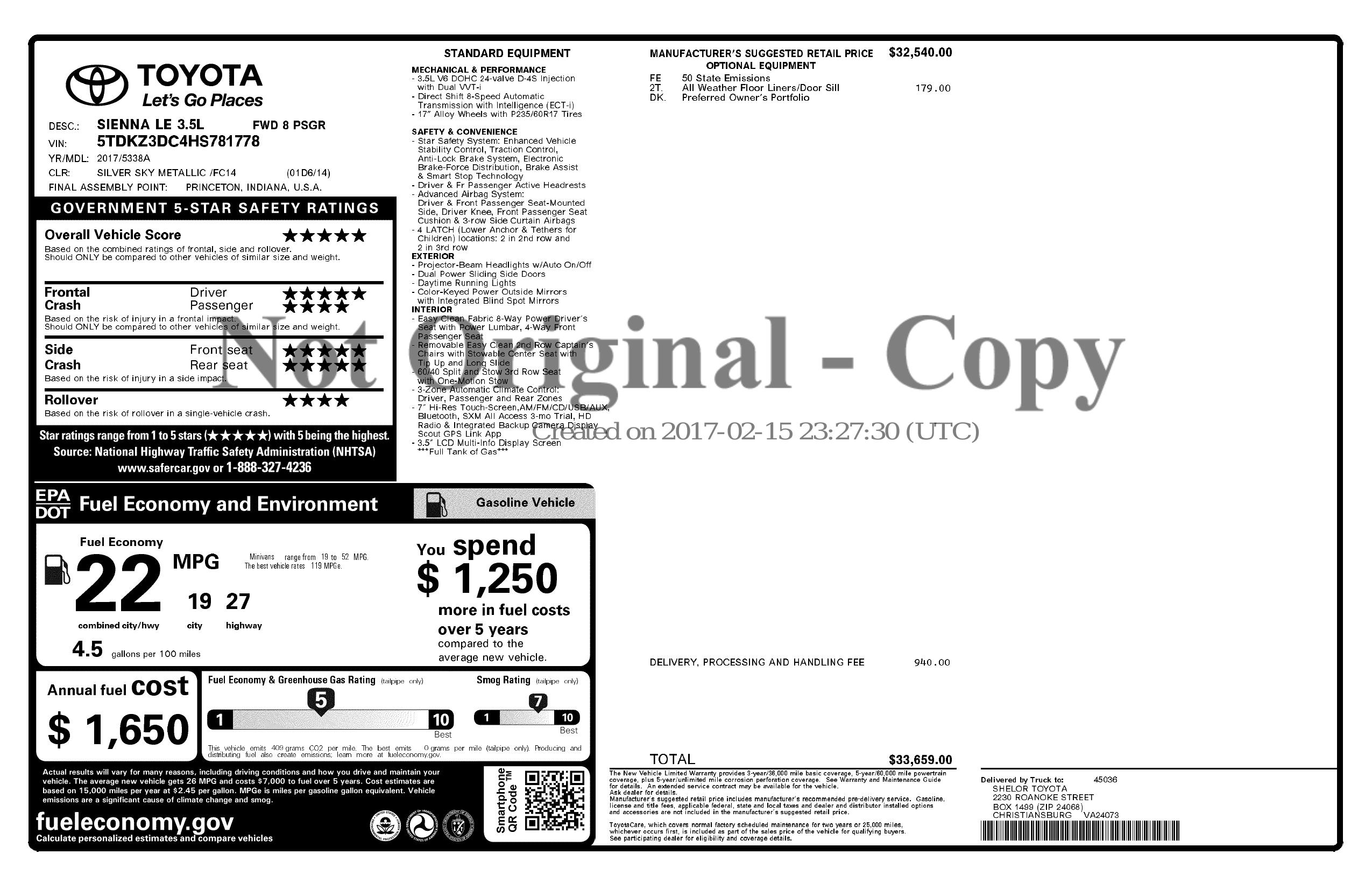 Window Sticker for 2017 Toyota Sienna Le Fwd (Natl)