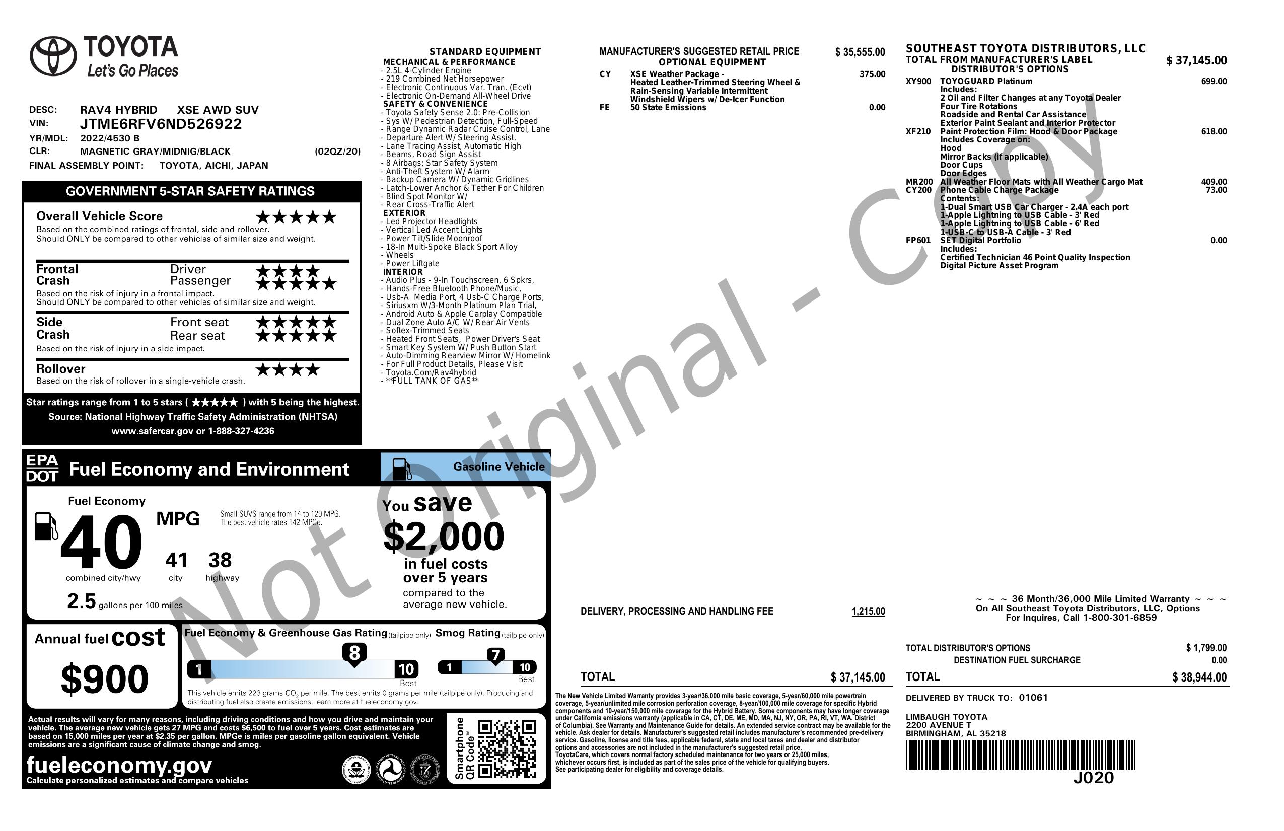 Window Sticker for 2022 Toyota Rav4 Hybrid Xse Awd (Natl)