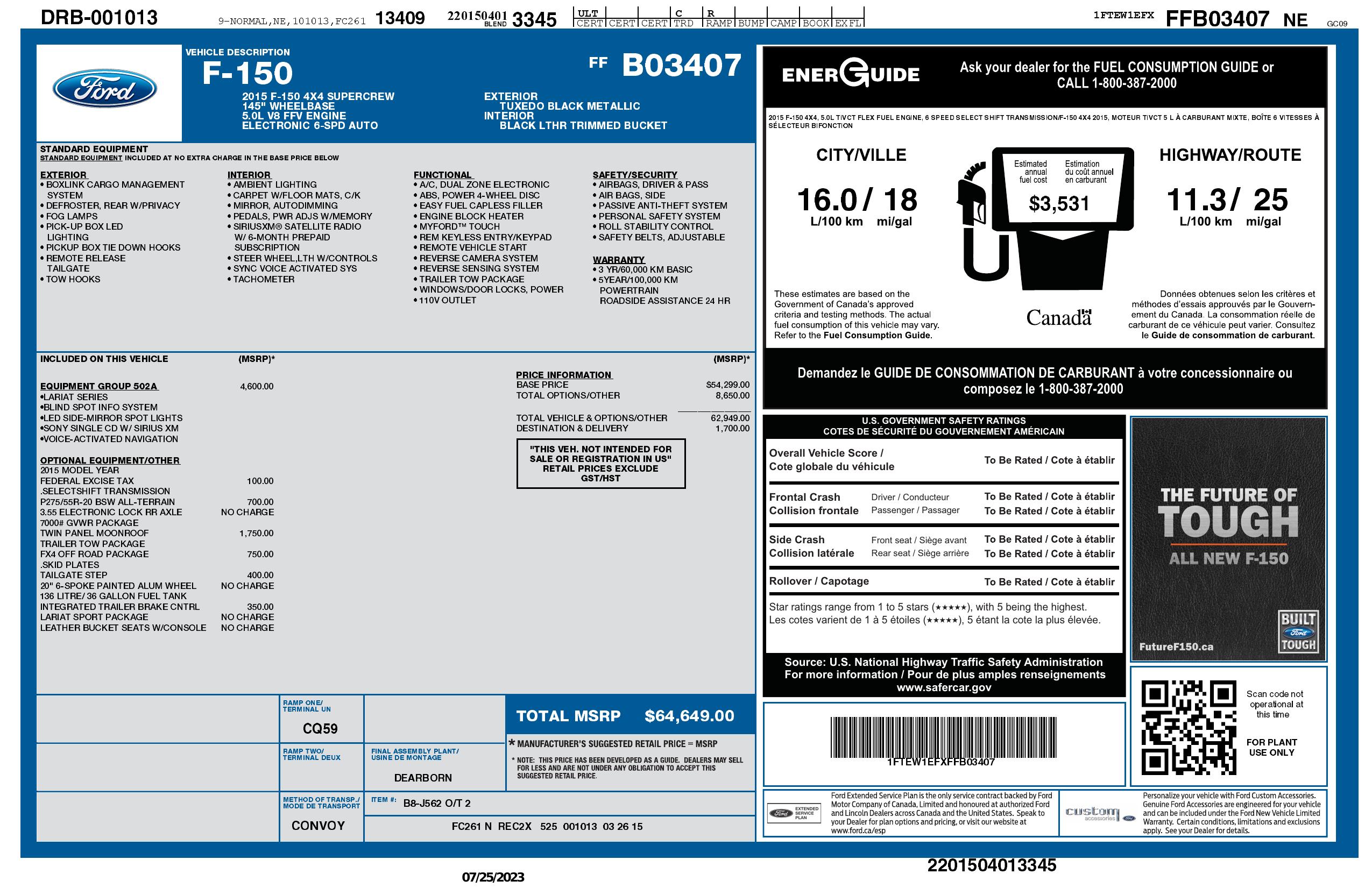 Window Sticker for 2015 Ford F 150 4 Wd Super Crew 145"