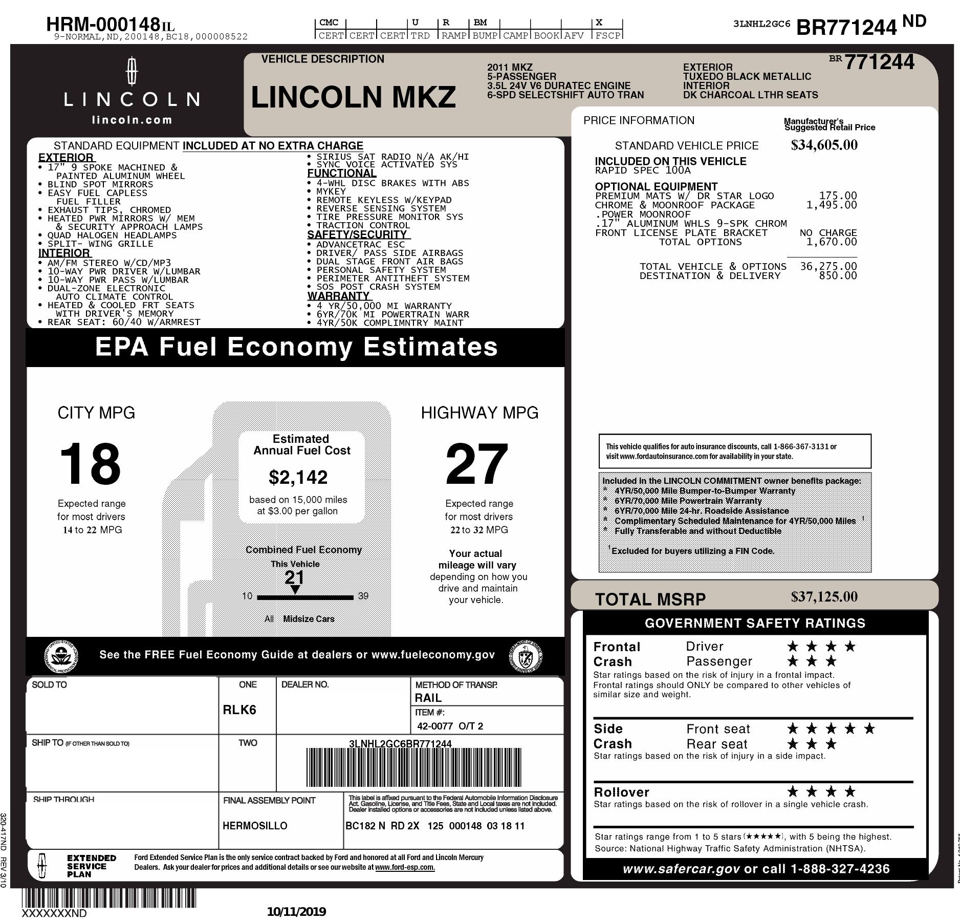 Window Sticker for 2011 Lincoln Mkz 4dr Sdn Fwd