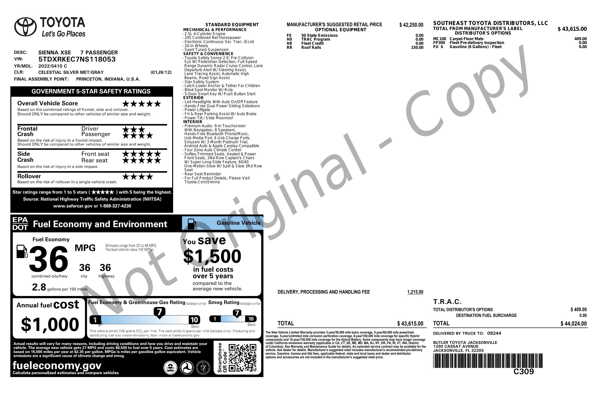Window Sticker for 2022 Toyota Sienna Xse Fwd 7 Passenger (Natl)
