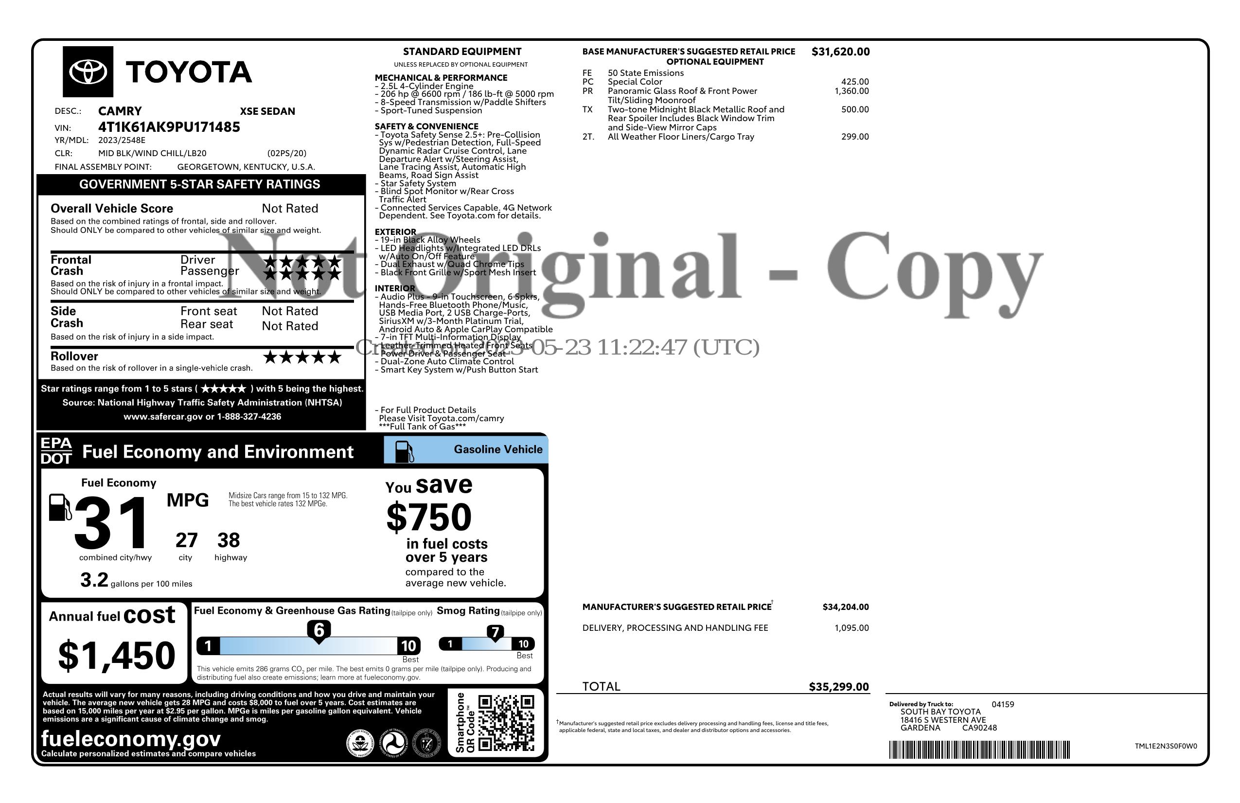 Window Sticker for 2023 Toyota Camry Xse Auto (Natl)