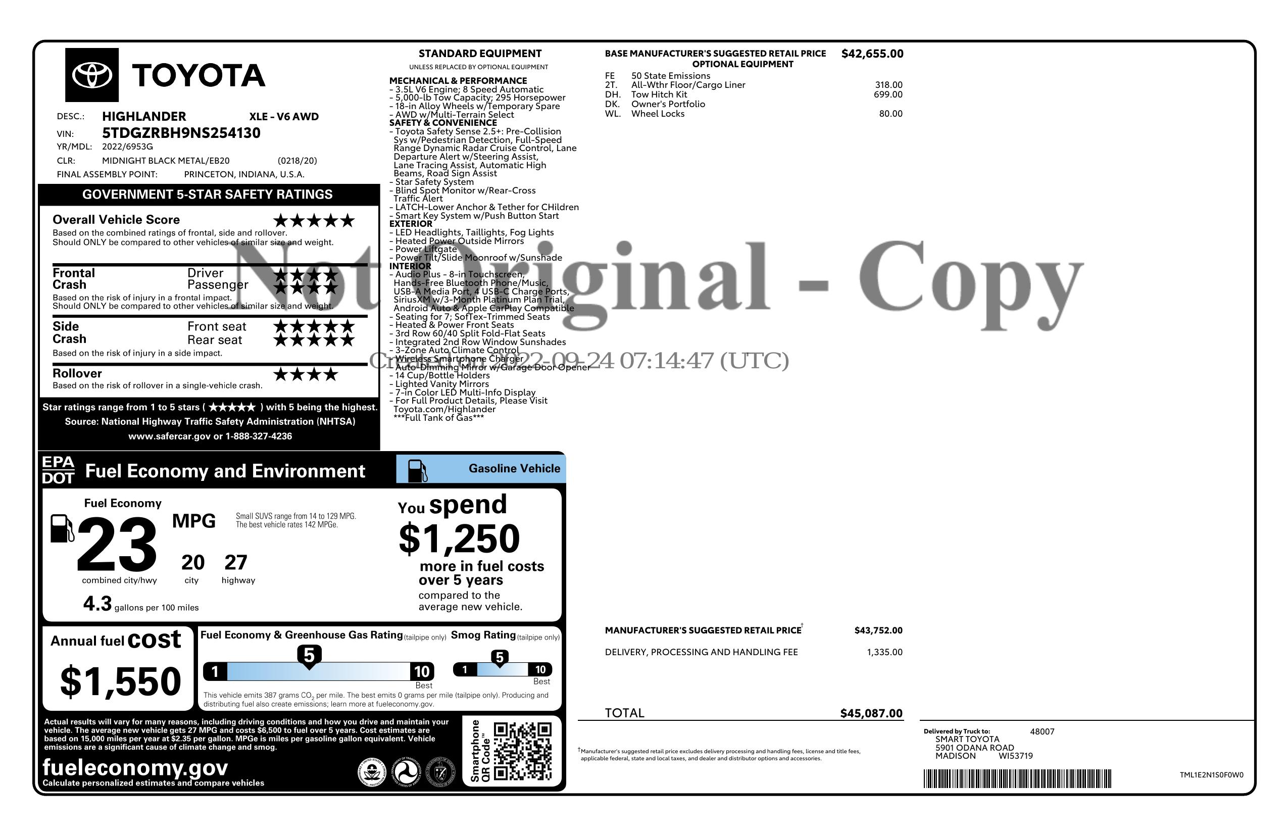 Window Sticker for 2022 Toyota Highlander Xle Awd (Natl)