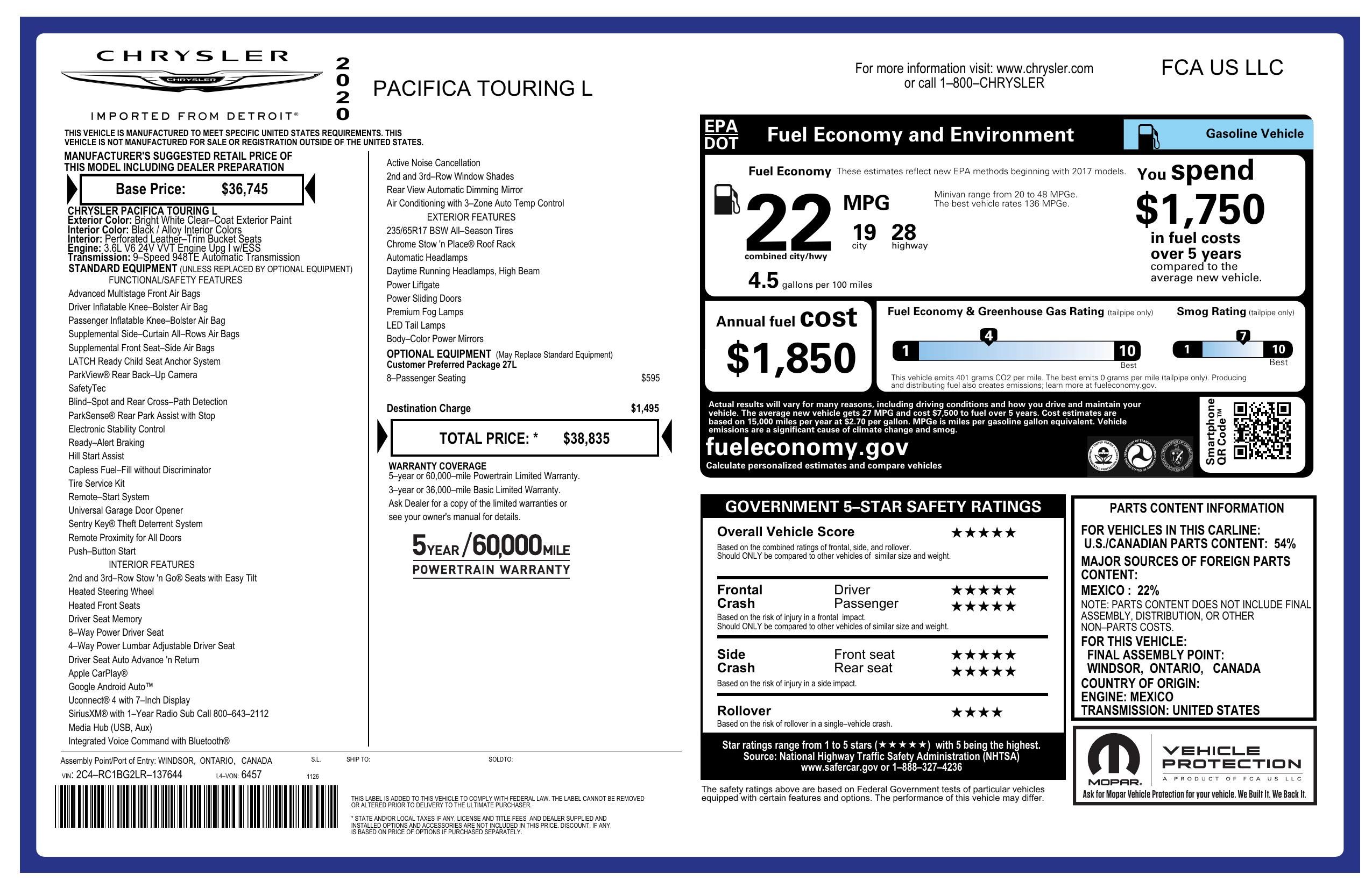 Window Sticker for 2020 Chrysler Pacifica Touring L Fwd