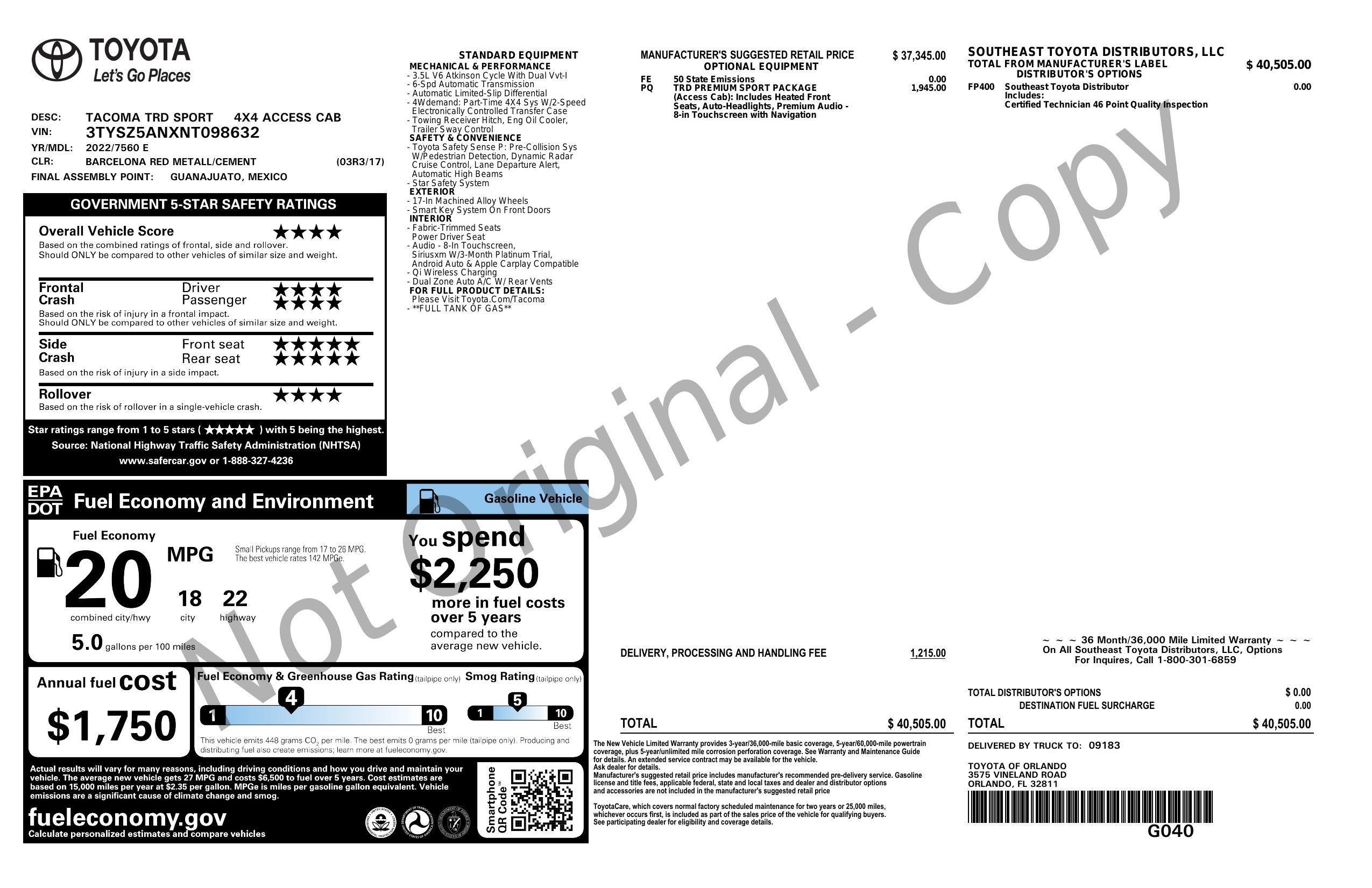 Window Sticker for 2022 Toyota Tacoma 4 Wd Trd Sport Access Cab 6' Bed ...