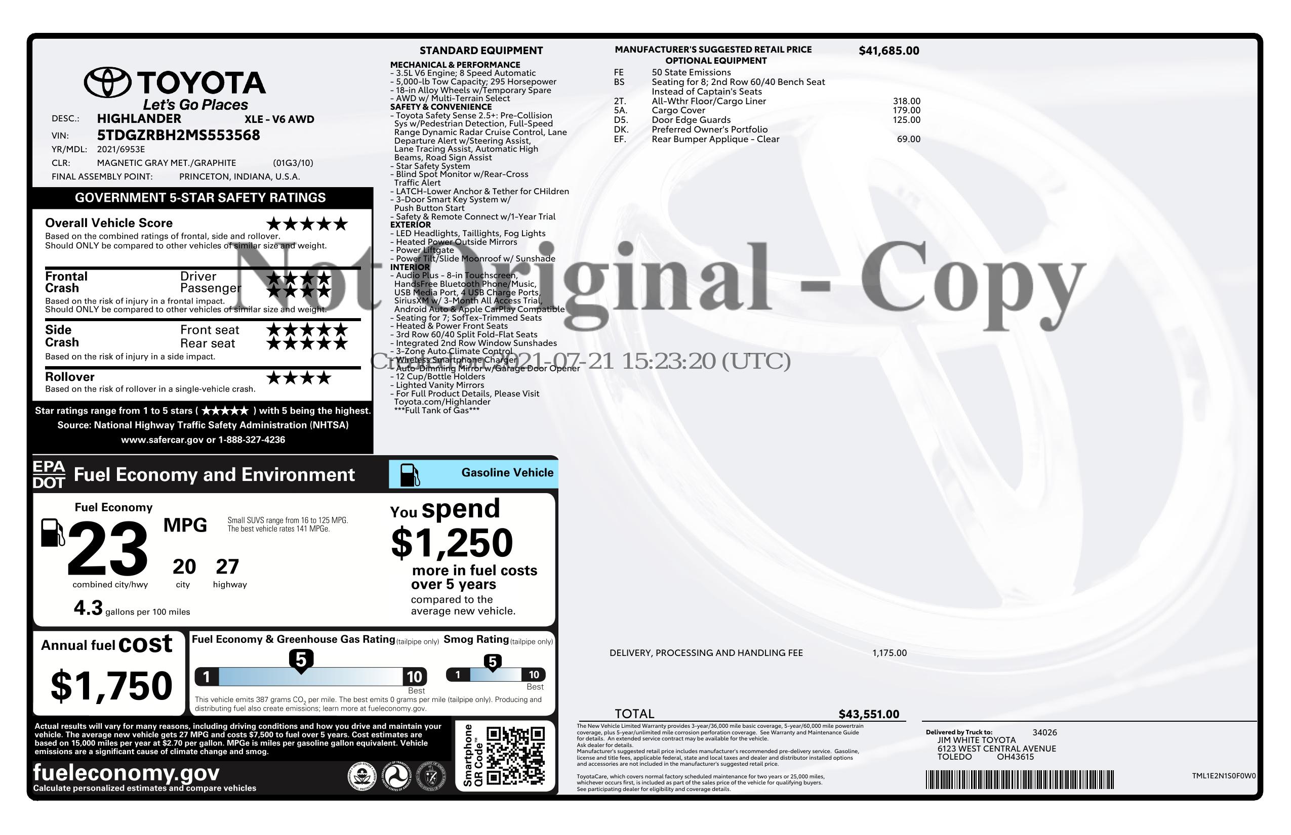 Window Sticker for 2021 Toyota Highlander Xle Awd (Natl)