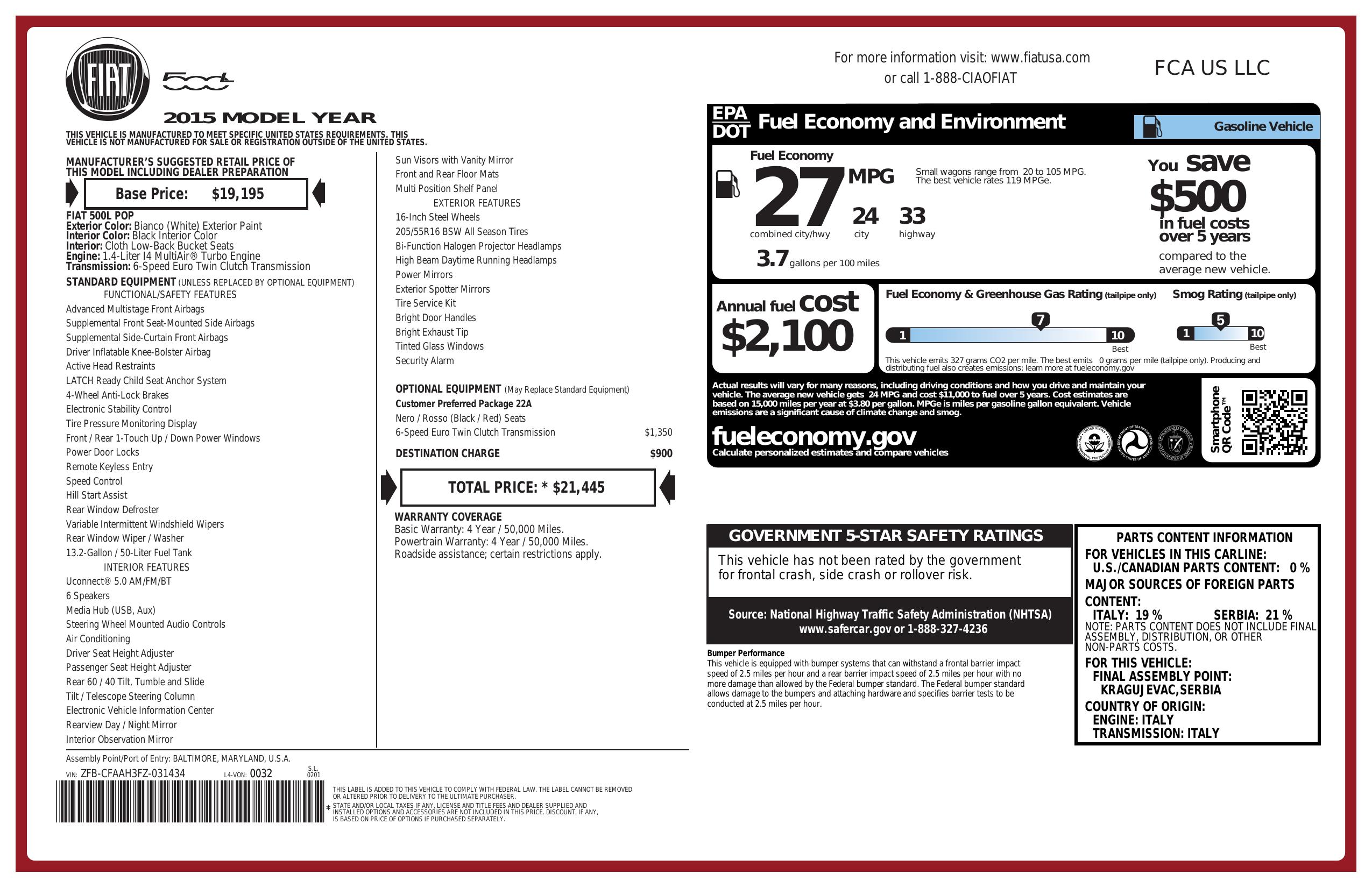 Window Sticker for 2015 Fiat 500 L 5dr Hb Pop