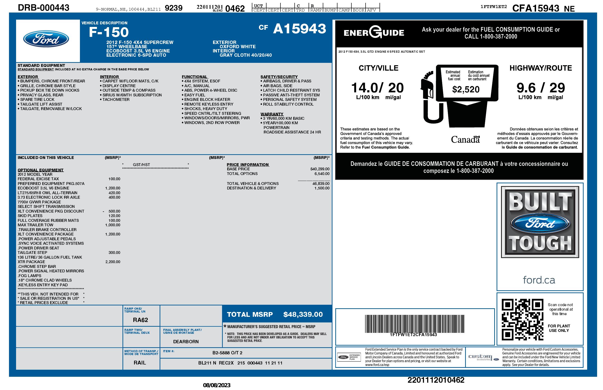 Window Sticker for 2012 Ford F 150 4 Wd Super Crew