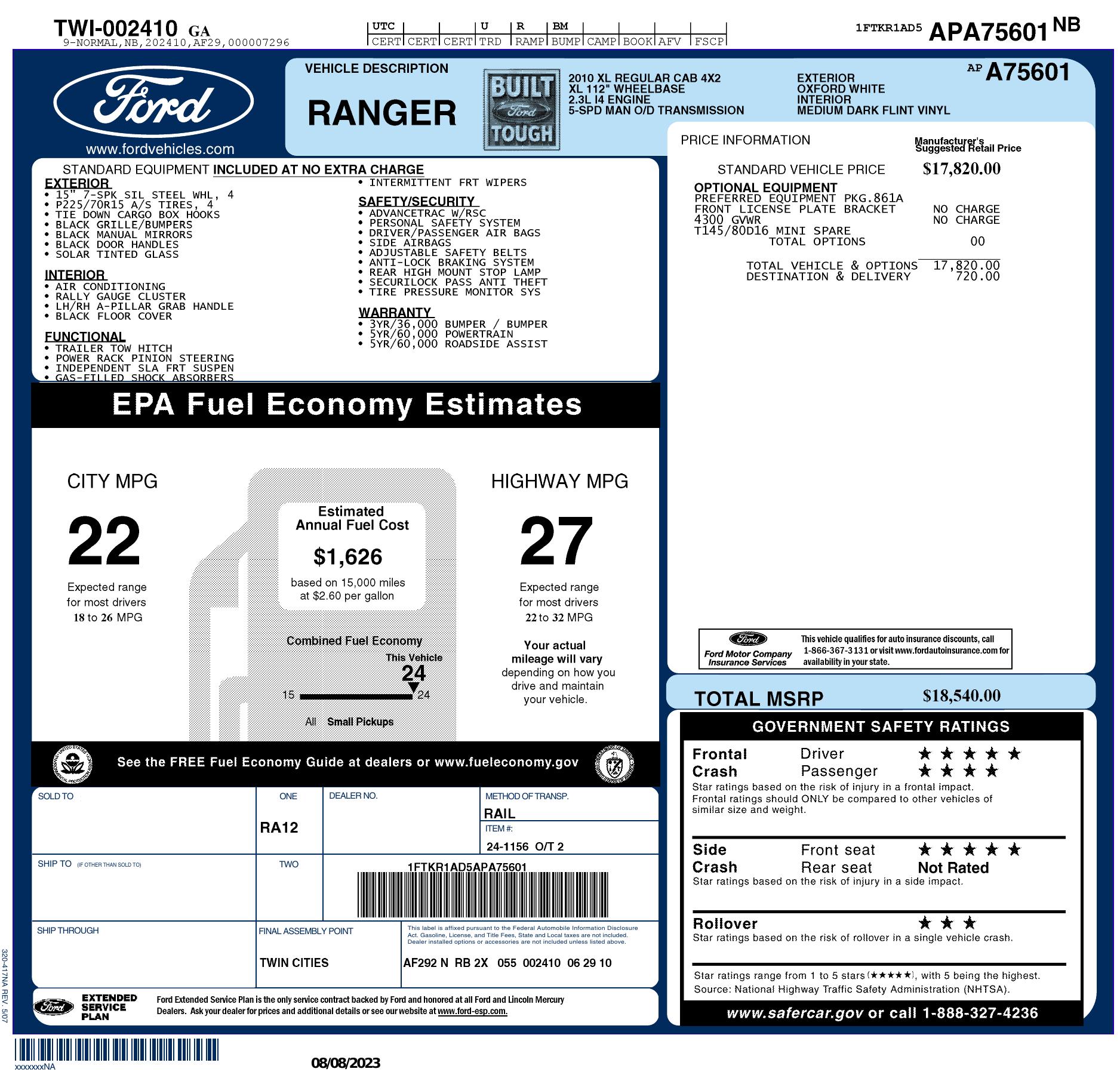 Window Sticker for 2010 Ford Ranger 2 Wd Reg Cab