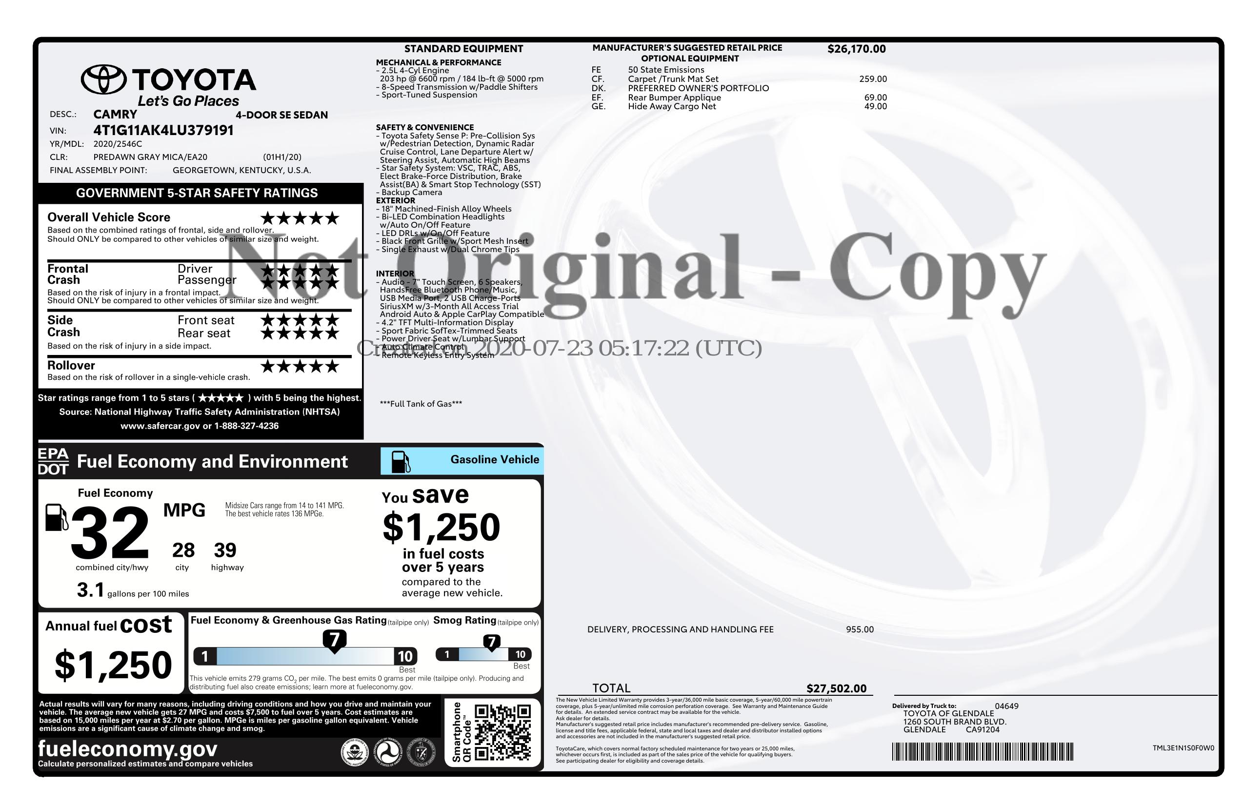 Window Sticker for 2020 Toyota Camry Se Auto (Natl)