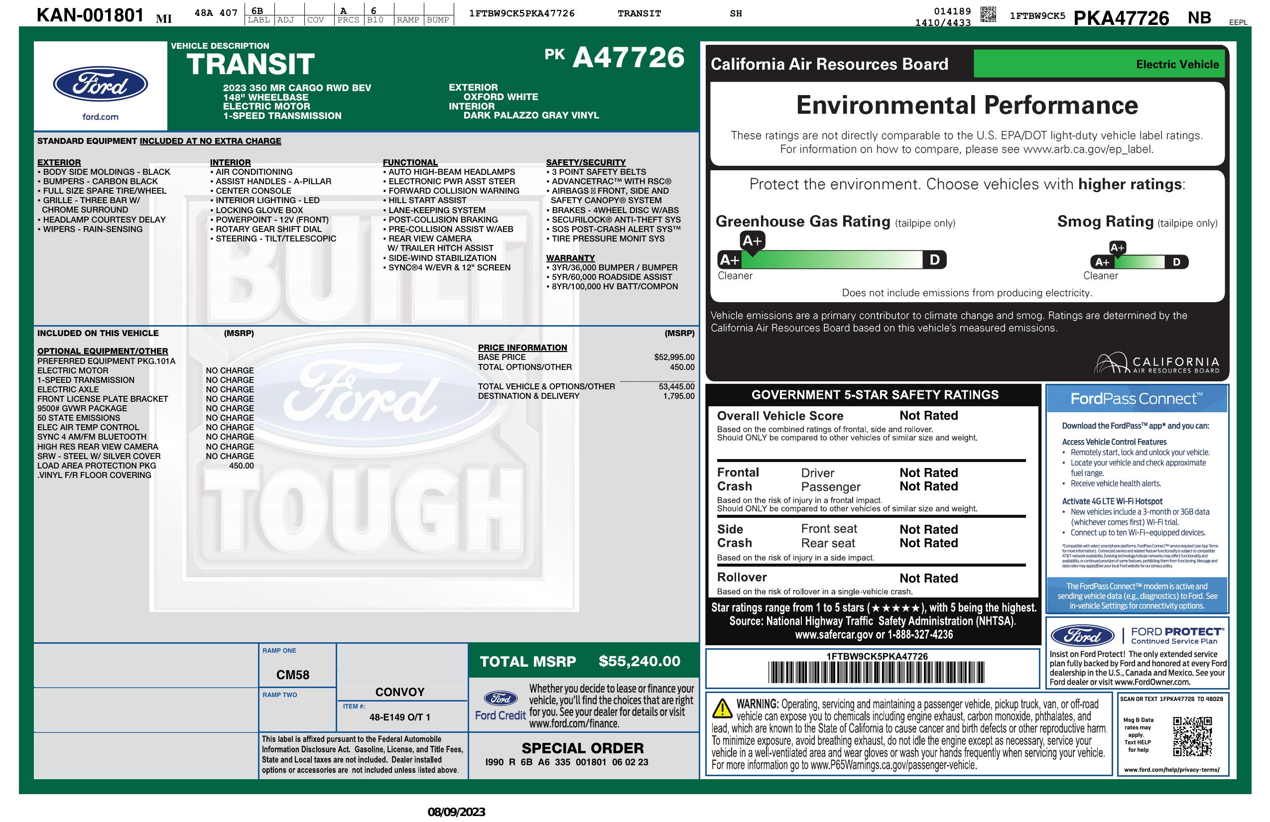 Window Sticker for 2023 Ford E Transit Cargo Van T 350 Med Rf 9500 Gvwr Rwd